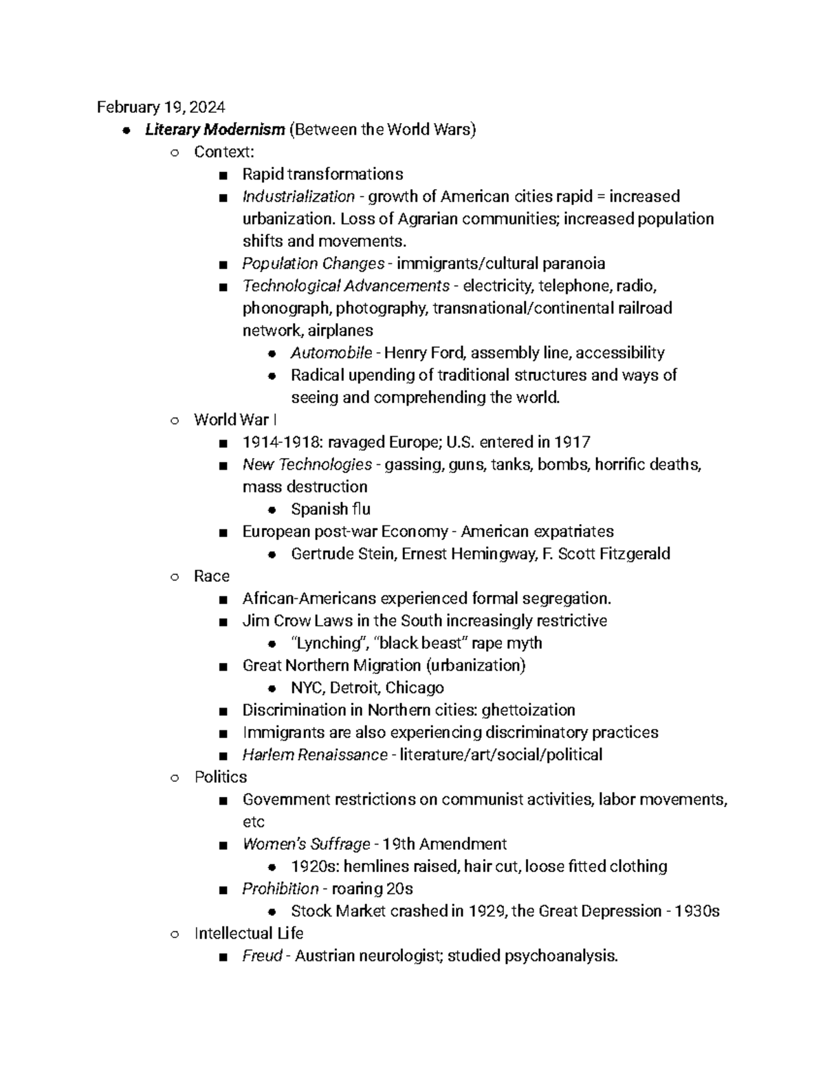English Literature Notes - February 19, 2024 Literary Modernism ...