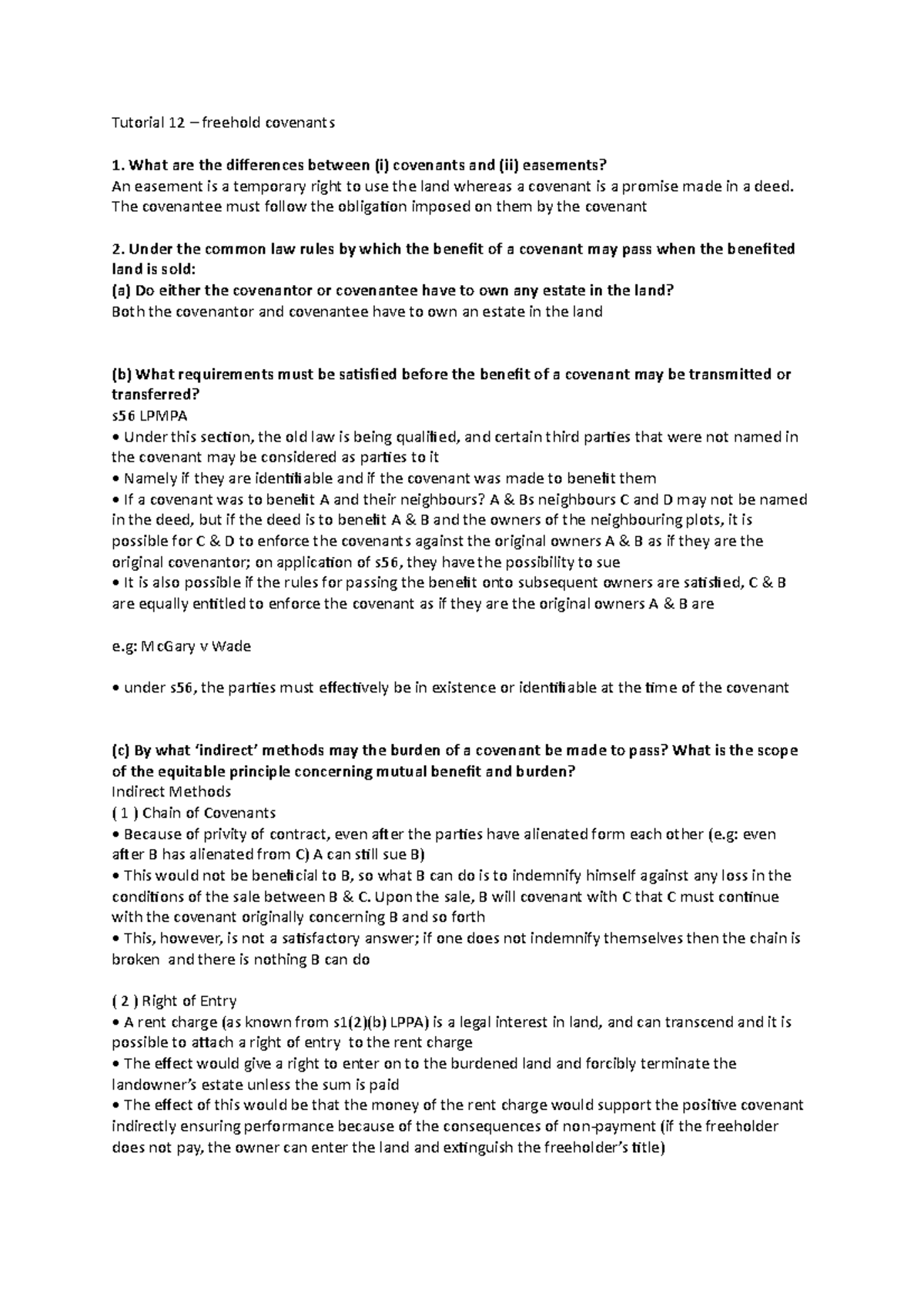 Land law - Tutorial 12 – freehold covenants - Tutorial 12 – freehold ...