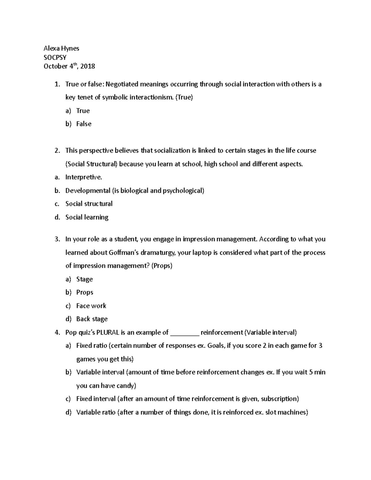 Midterm review - Alexa Hynes SOCPSY October 4th, 2018 1. True or false ...