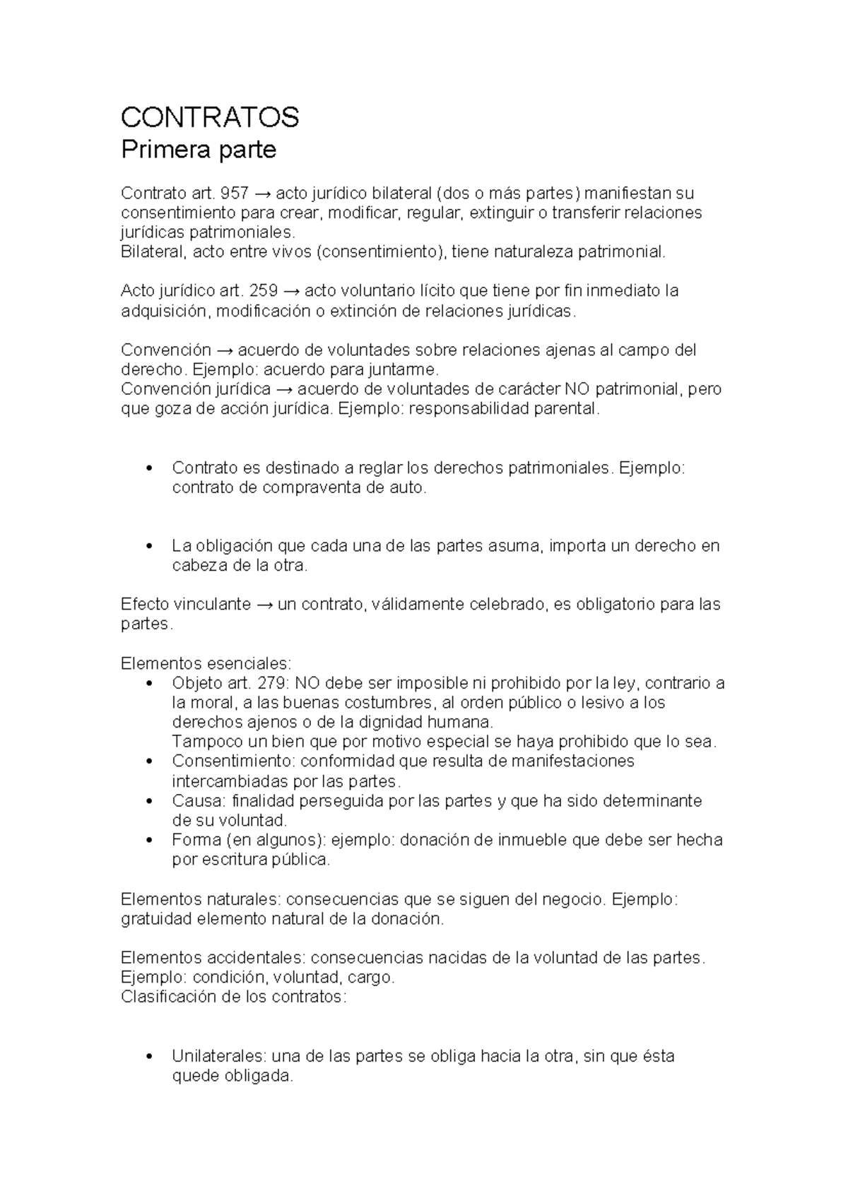 Contratos - CONTRATOS Primera parte Contrato art. 957 → acto jurídico ...