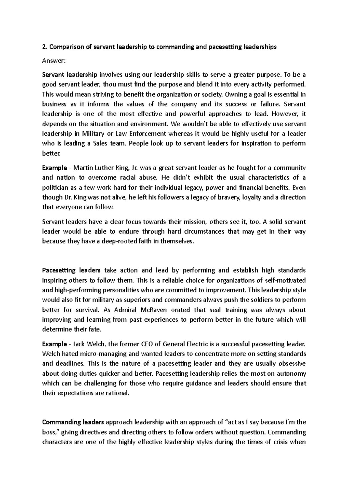 Leadership Styles - Lecture notes 8 - 2. Comparison of servant ...