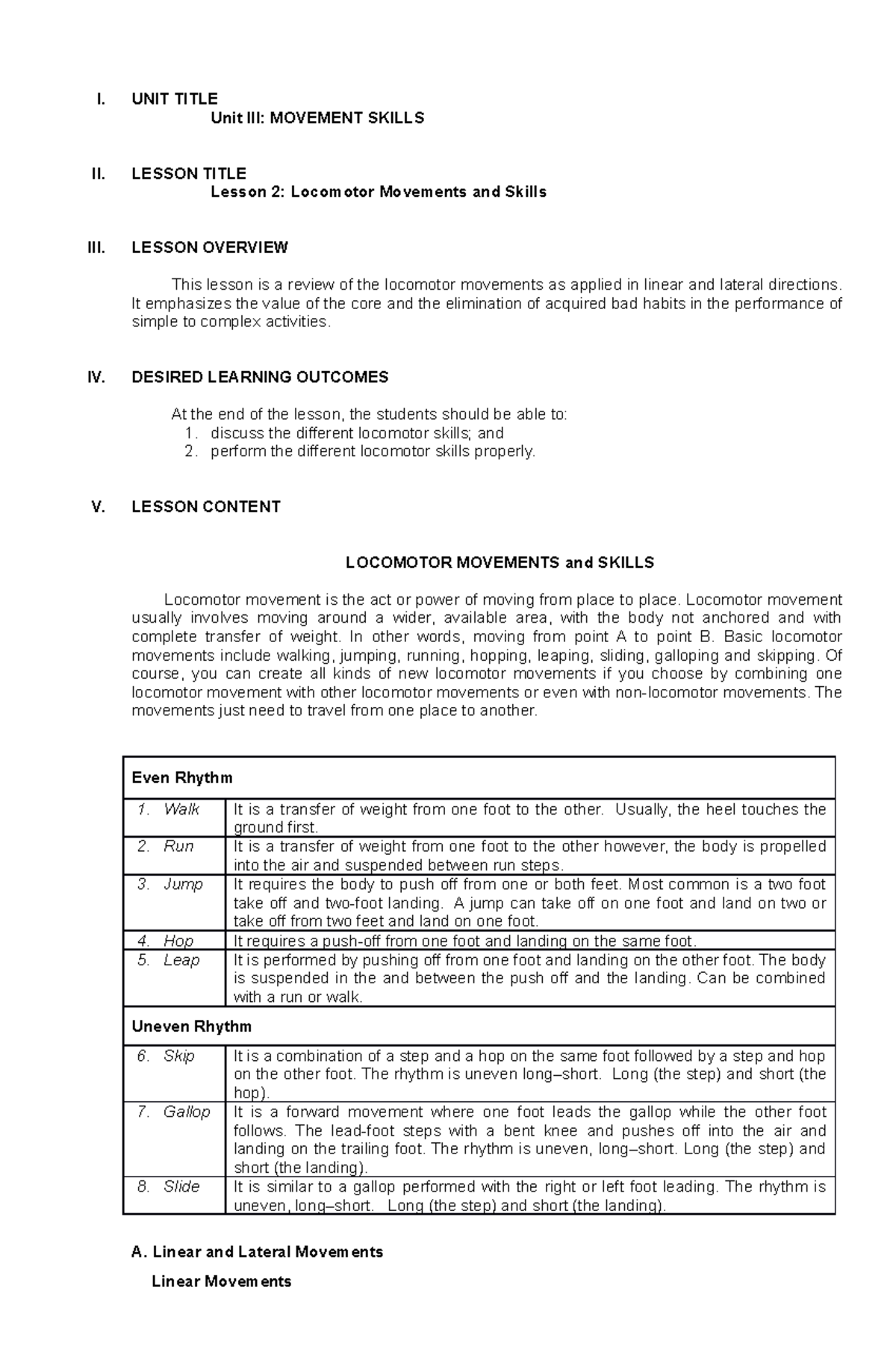 11 - PATHF - I. UNIT TITLE Unit III: MOVEMENT SKILLS II. LESSON TITLE ...
