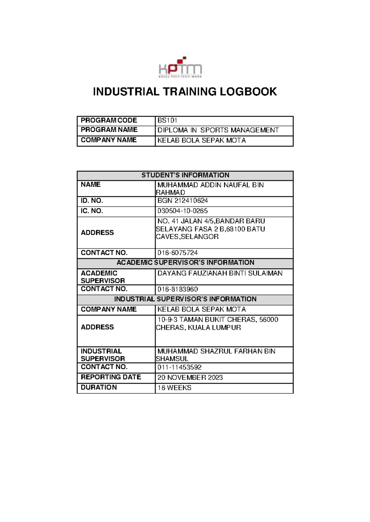 Logbook Muhammad Addin Naufal BIN Rahmad BS101 - INDUSTRIAL TRAINING ...
