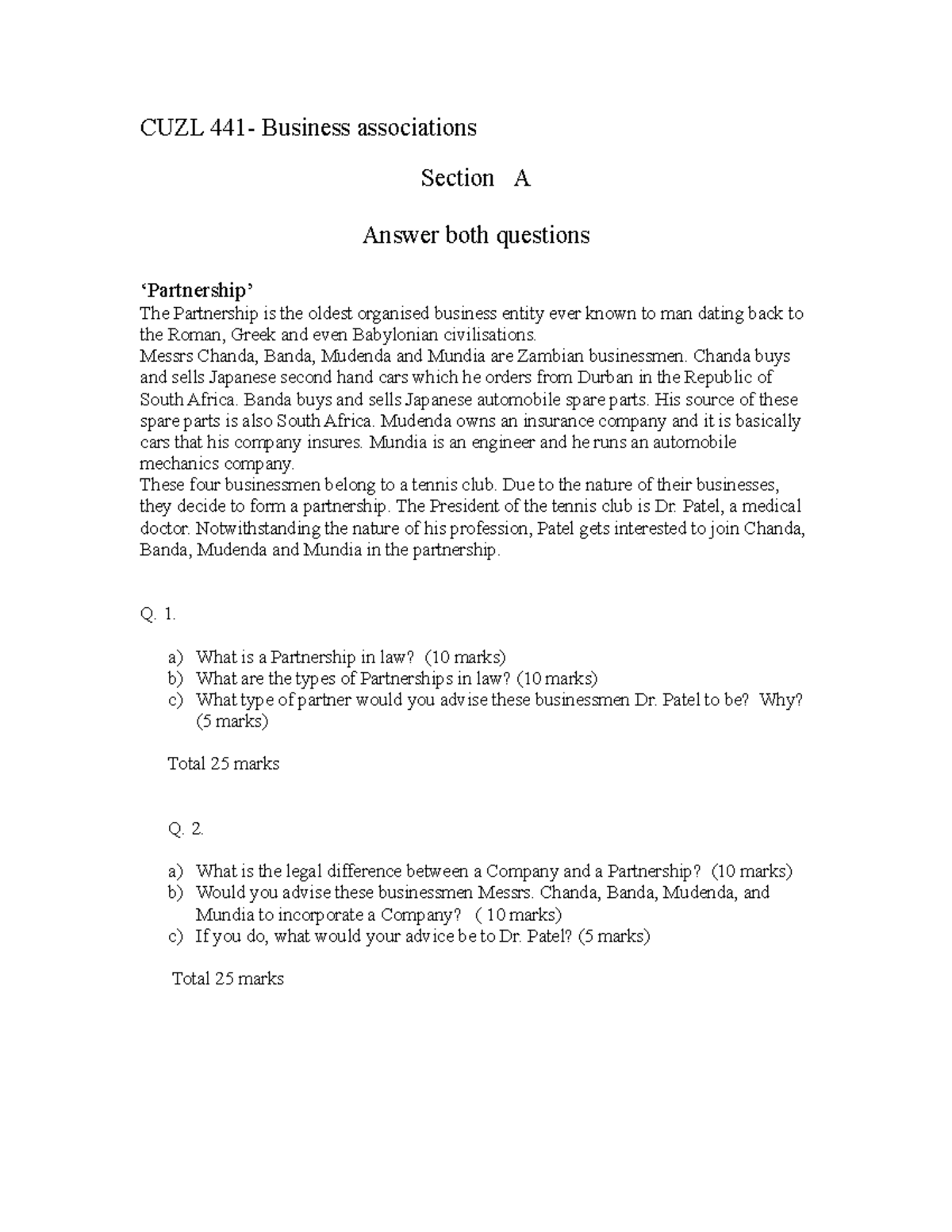 Business Associations Exam Question Paper - CUZL 441- Business ...