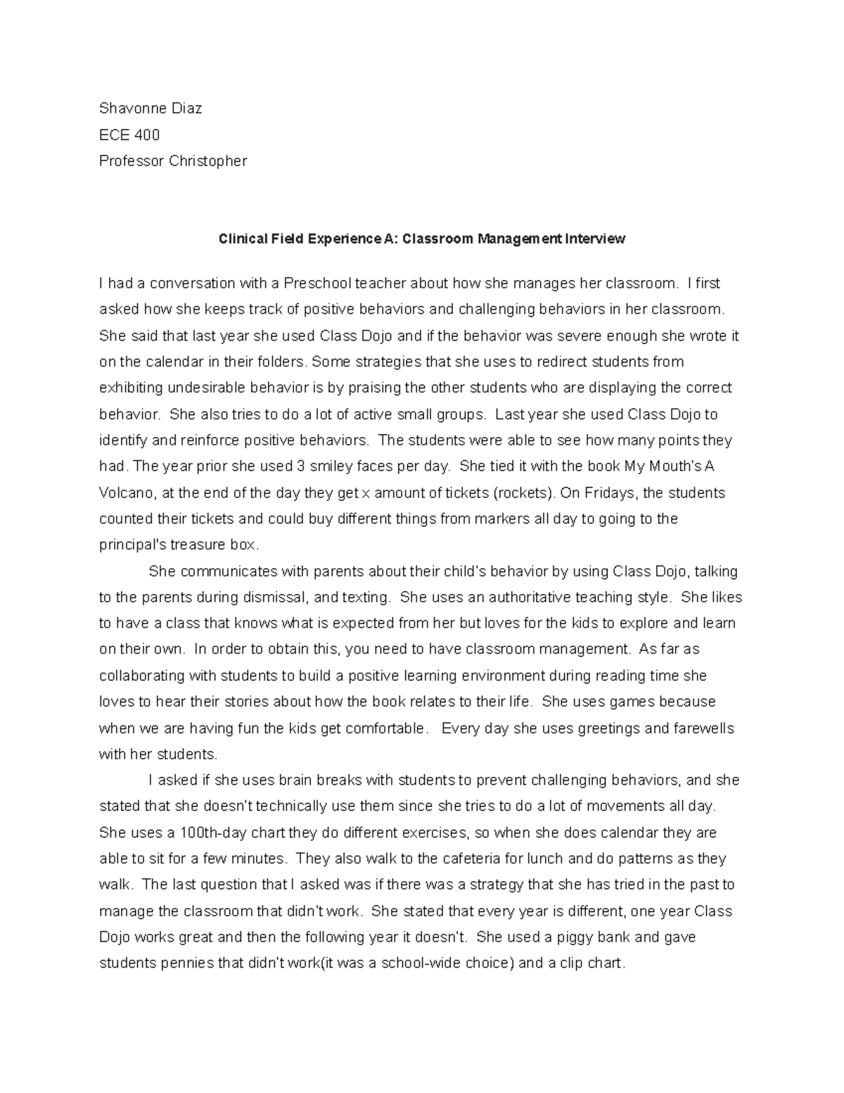 ECE 400 Clinical Field Exp A - Shavonne Diaz ECE 400 Professor ...