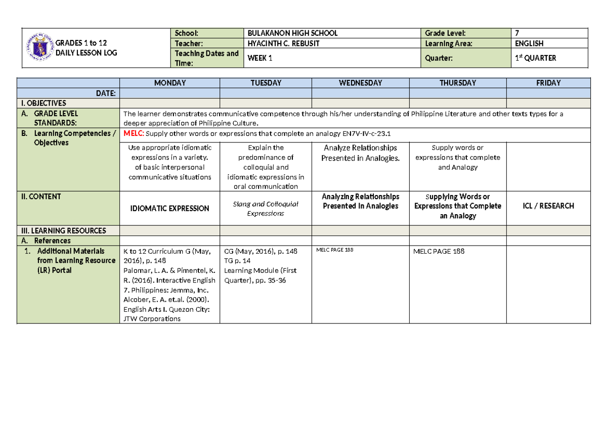 English 7 Q1 w1 - Summative - MONDAY TUESDAY WEDNESDAY THURSDAY FRIDAY ...