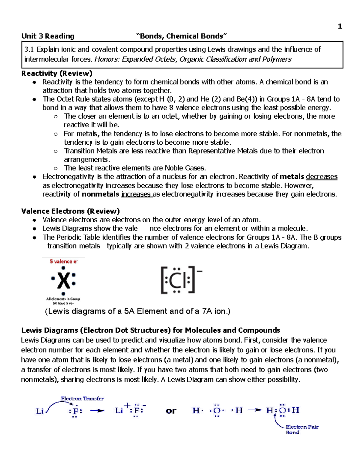 Unit 3 Reading Bonds, Chemical Bonds -1 - Unit 3 Reading “Bonds ...