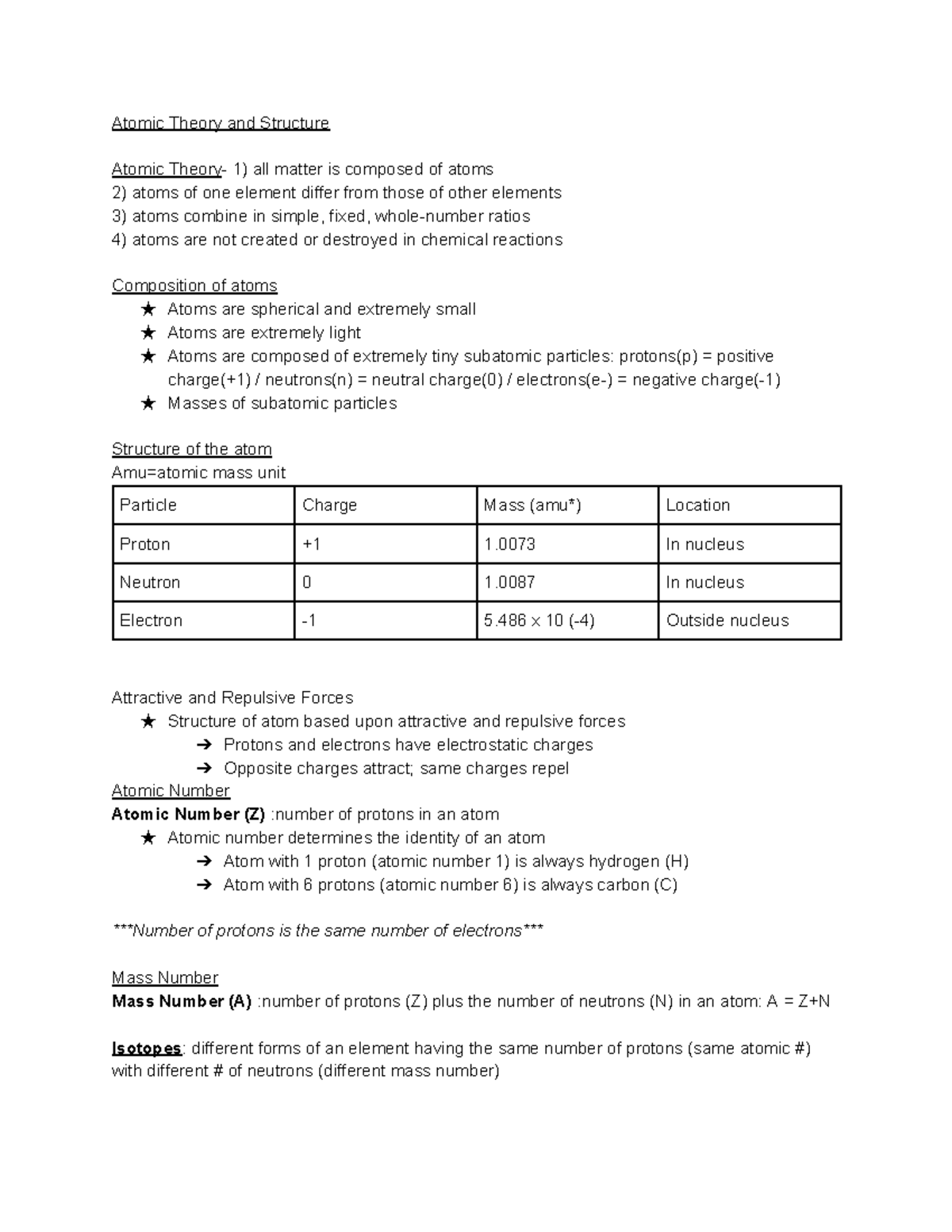 Chemistry- Week Two - Lecture notes units 1-4 - Atomic Theory and ...