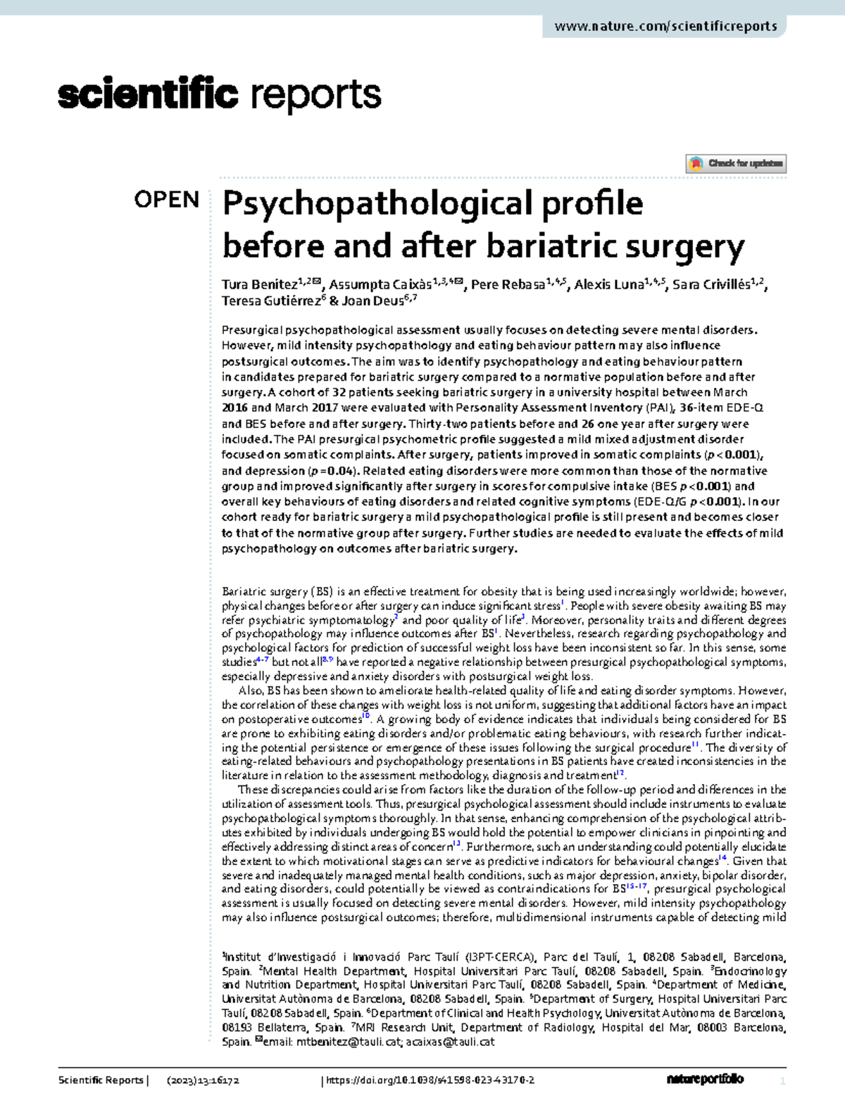 Psychopathological profile before and after bariatric surgery - 1 ol ...