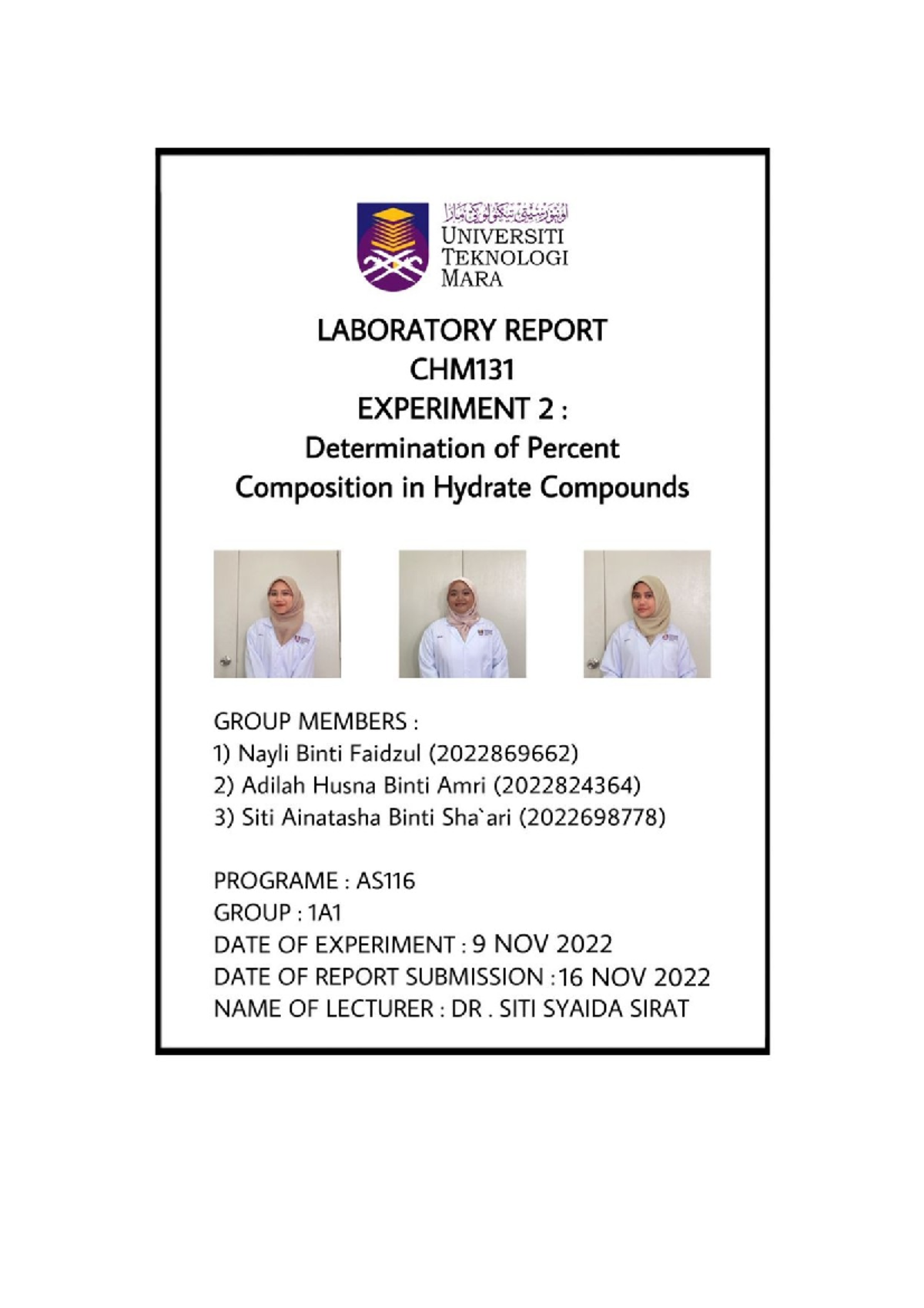 CHM 131 lab report (Determination Of Percent Composition In Hydrate ...