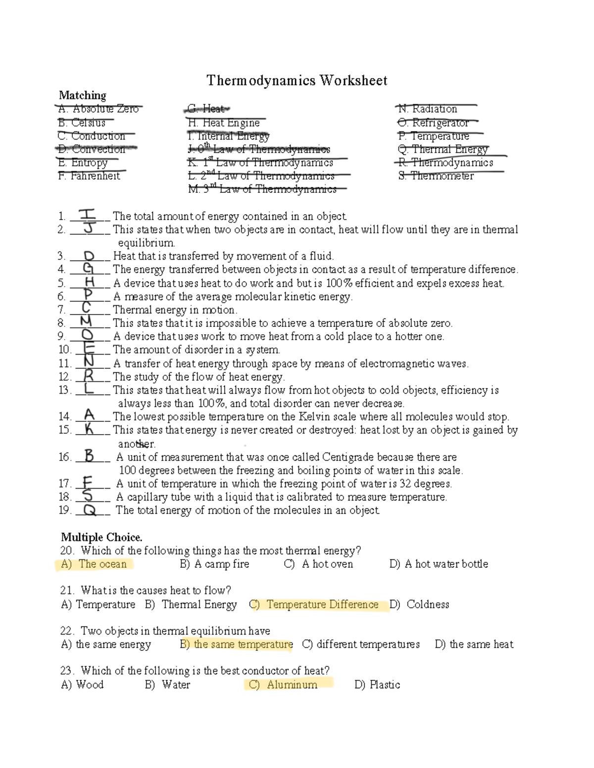 Thermodynamics Worksheet #1 - Thermodynamics W orksheet Matching A ...