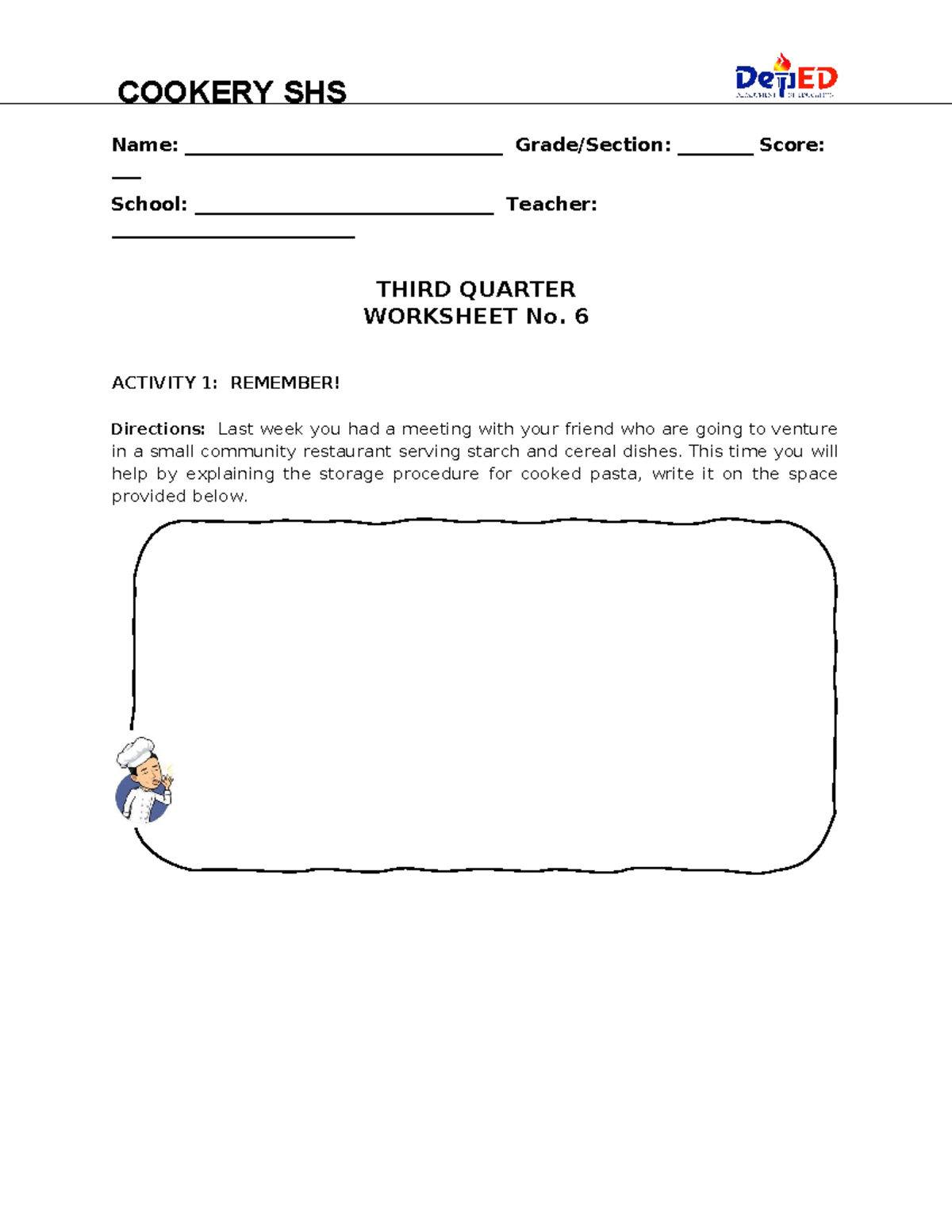TVL Cookery-Q3-DW6 - cookery - Name ...