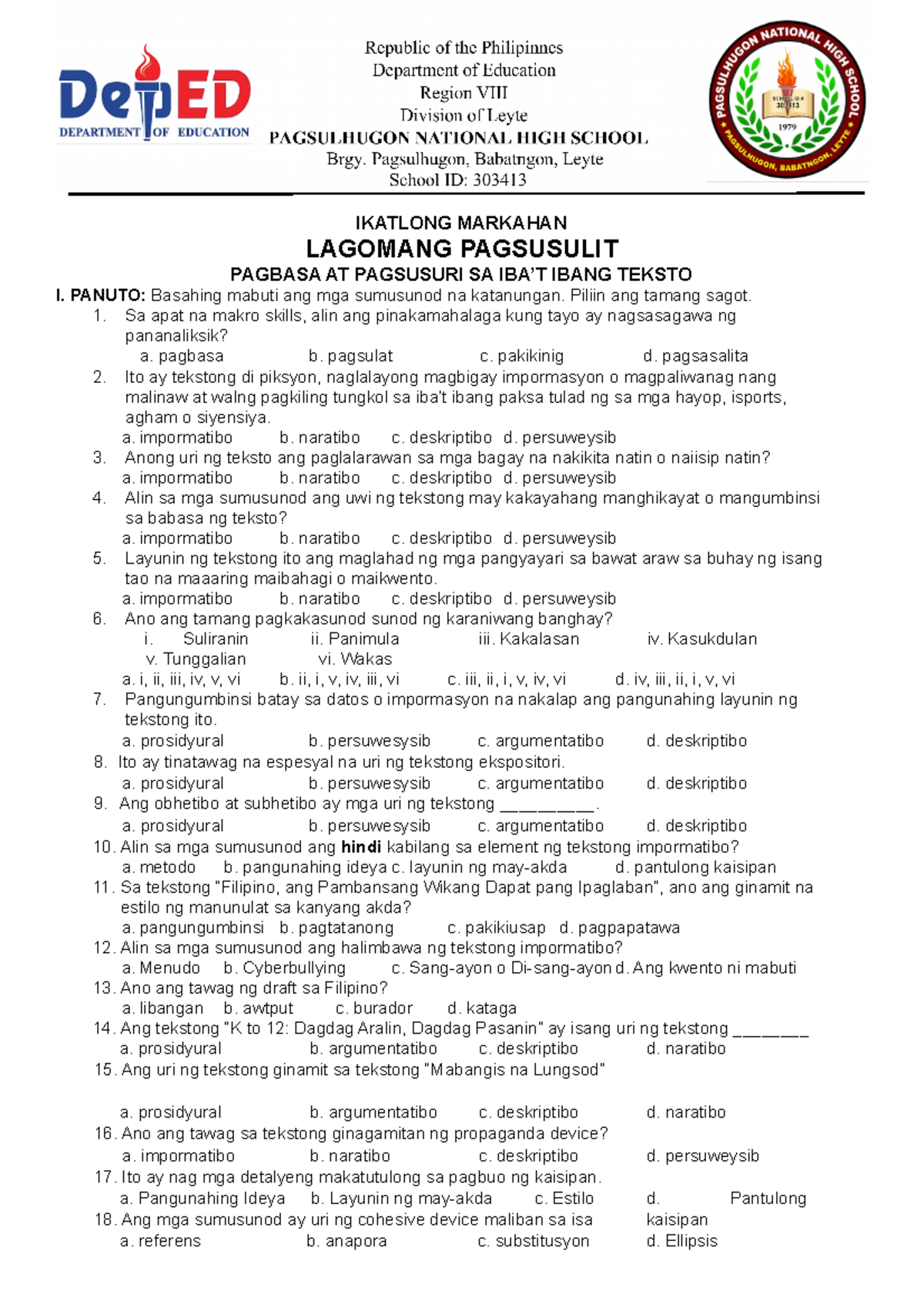 PNHS WEEK 8 Pagbasa AT Pagsusuri - IKATLONG MARKAHAN LAGOMANG ...