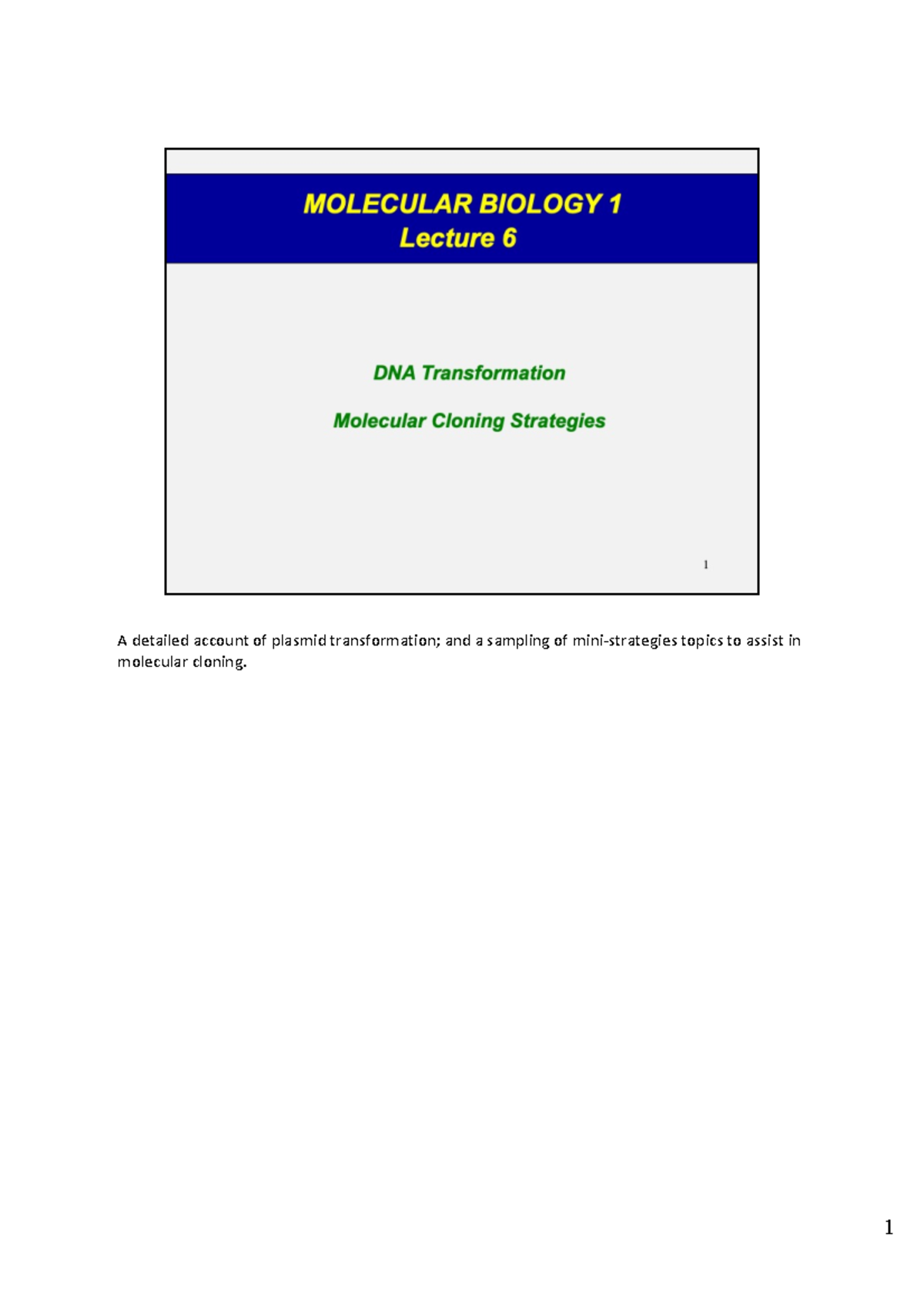 MB1-Lecture 6 Transf MC-21 - A detailed account of plasmid transformation; and a sampling of ...