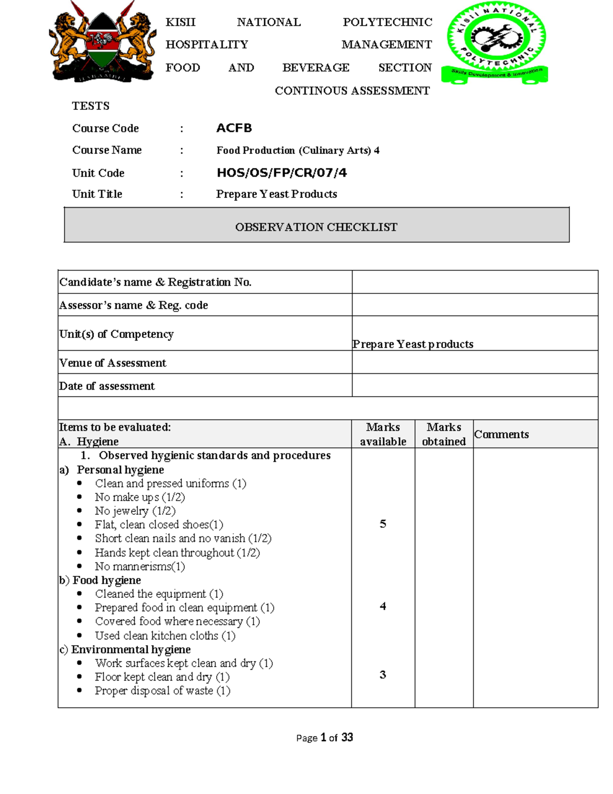 Observation Checklist Level 4 - KISII NATIONAL POLYTECHNIC HOSPITALITY ...