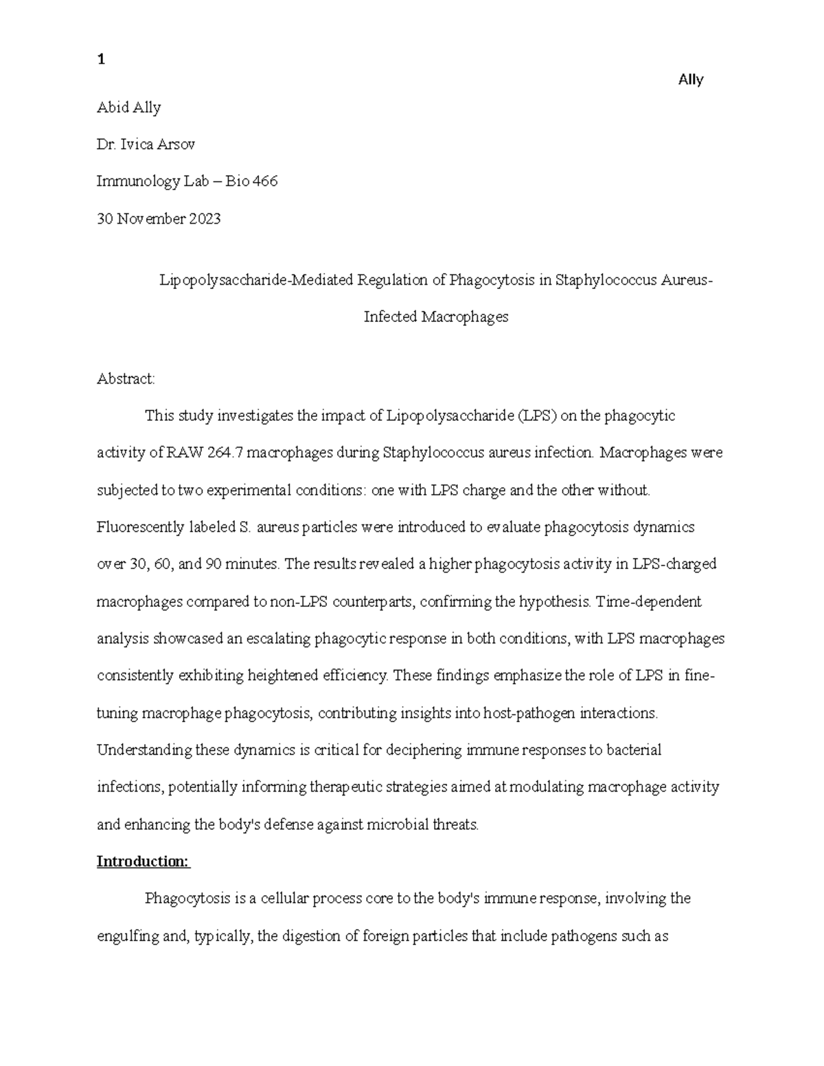 Bio 466 lab report - Phagocytosis - Ally Abid Ally Dr. Ivica Arsov ...