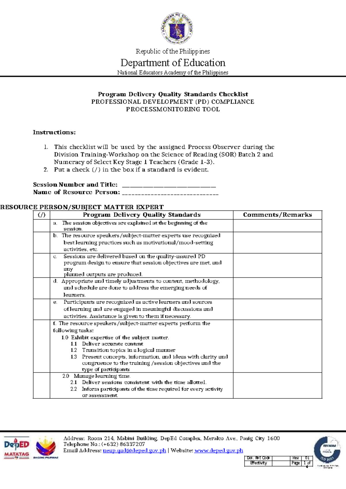 NEAP Process Observation TOOL 2 - Address: Room 214, Mabini Building ...