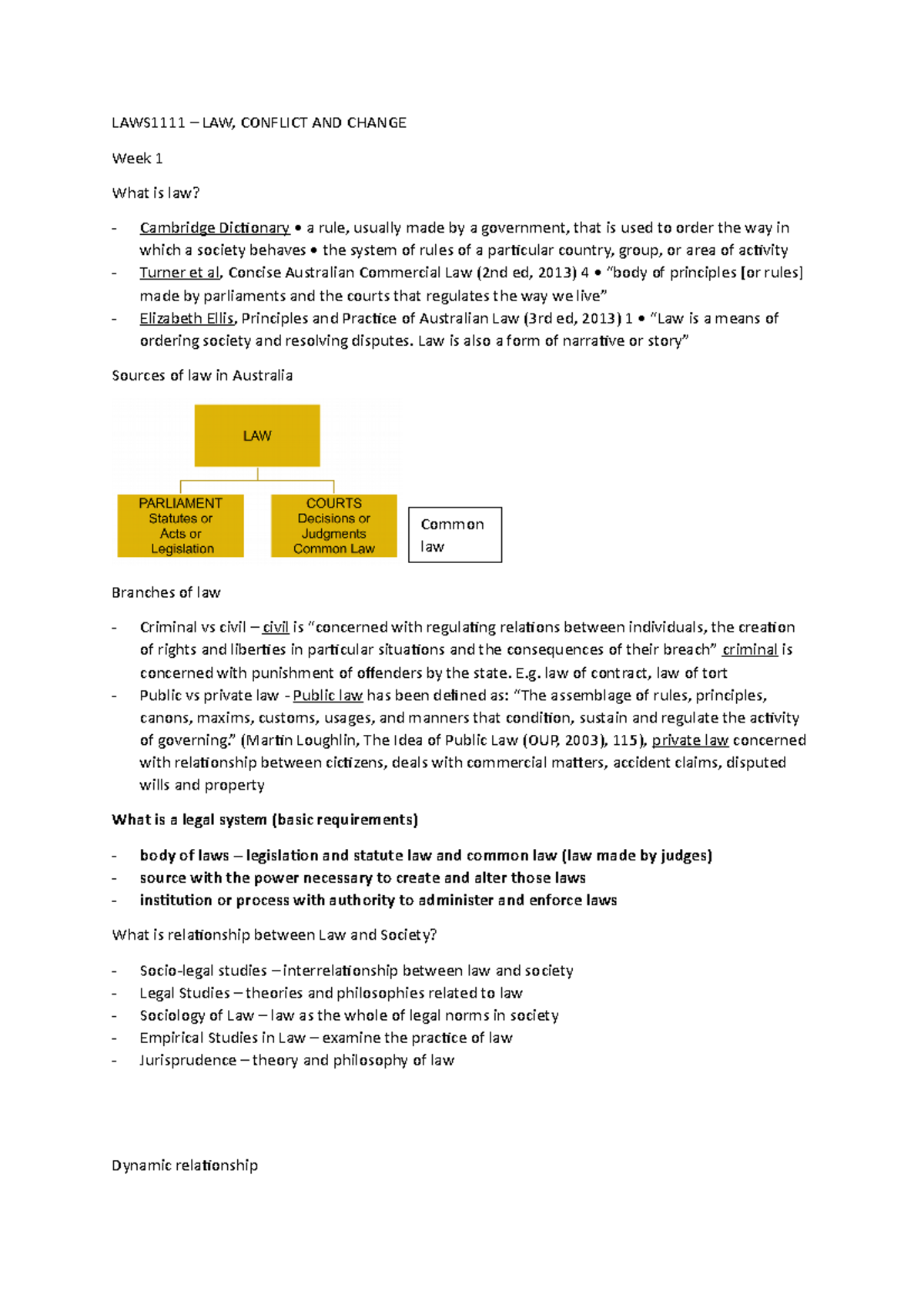 Laws1111 lecture 1 notes - LAWS1111 – LAW, CONFLICT AND CHANGE Week 1 ...