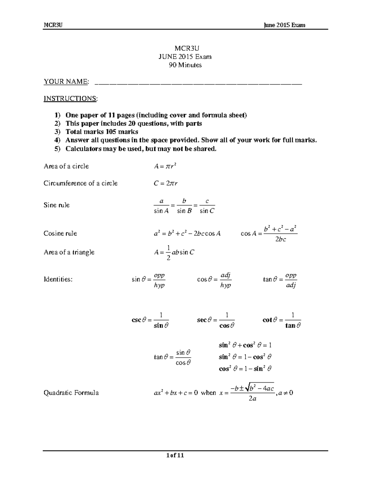 UCC June Exam 2010 - Math grade 11 Function - MCR3U JUNE 2015 Exam 90 ...