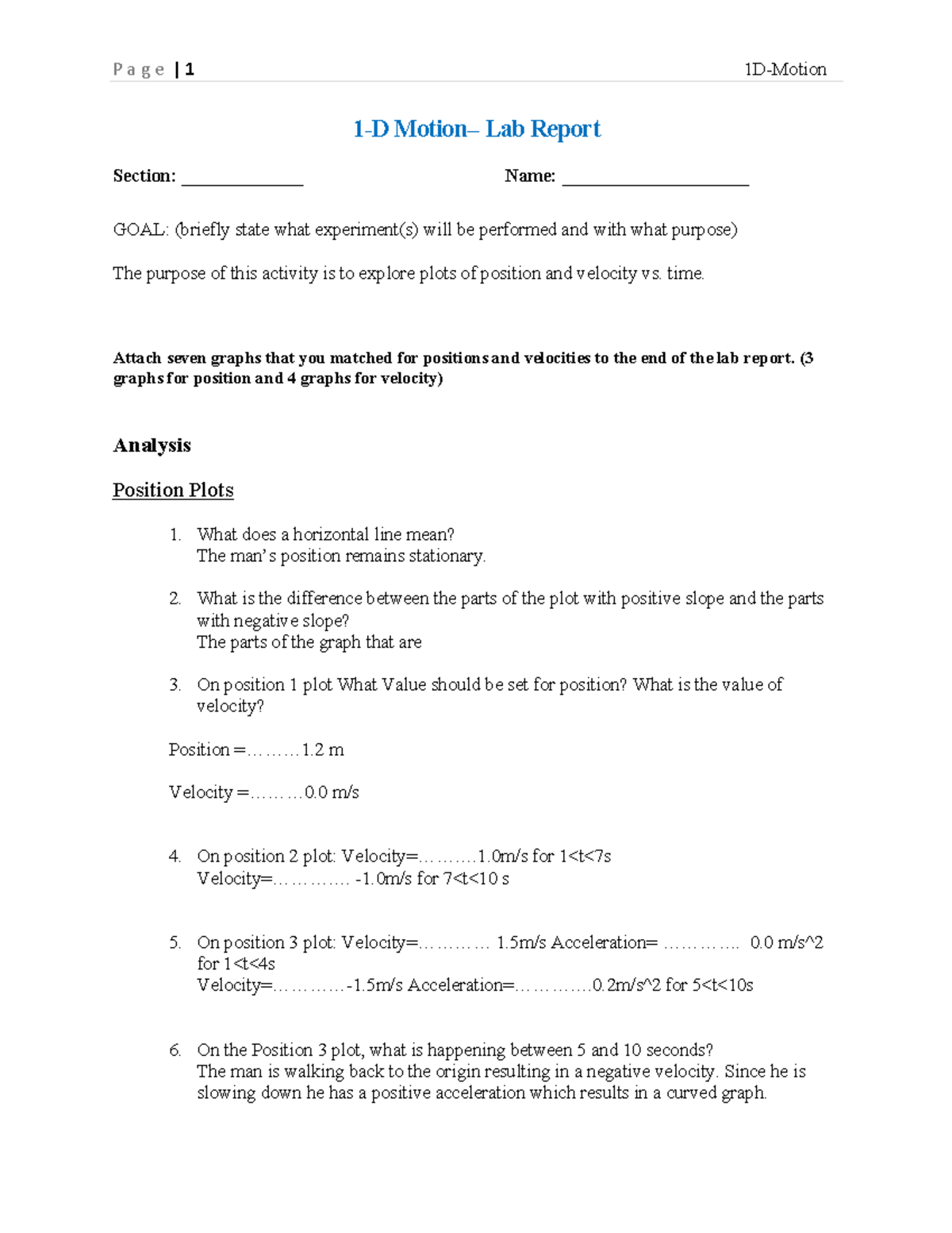 01 1D+Motion Labreport online - 1-D Motion– Lab Report Section ...