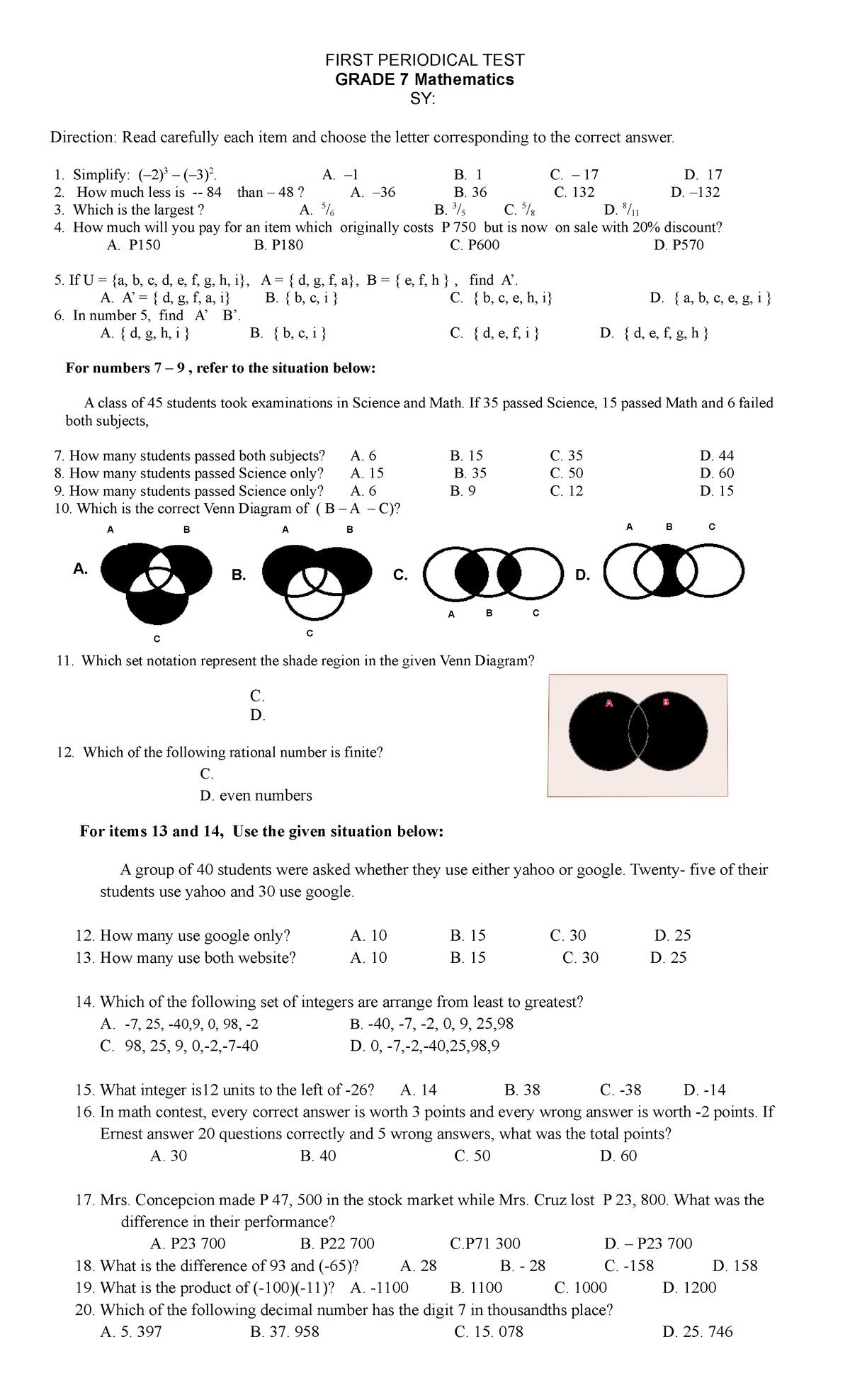 PT Mathematics 7 Q1 - TEST - FIRST PERIODICAL TEST GRADE 7 Mathematics ...