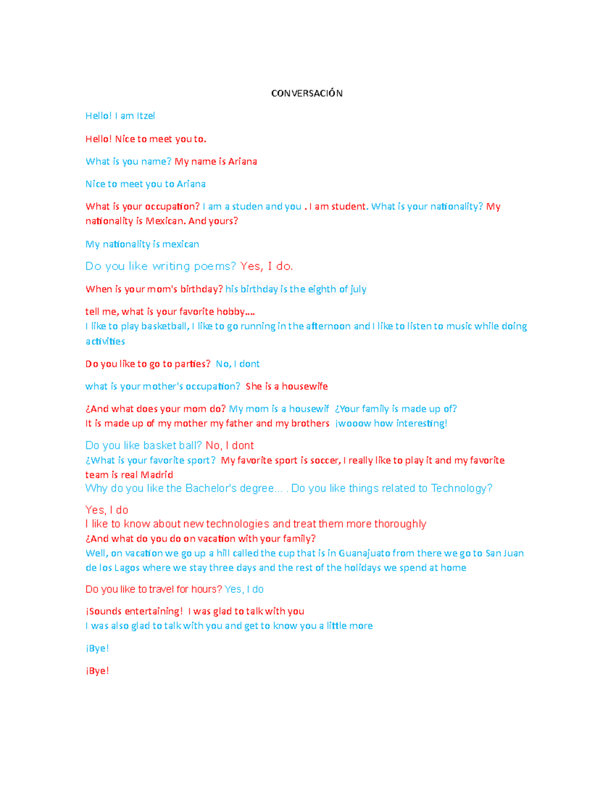 Conversación ingles - CONVERSACIÓN Hello! I am Itzel Hello! Nice to ...
