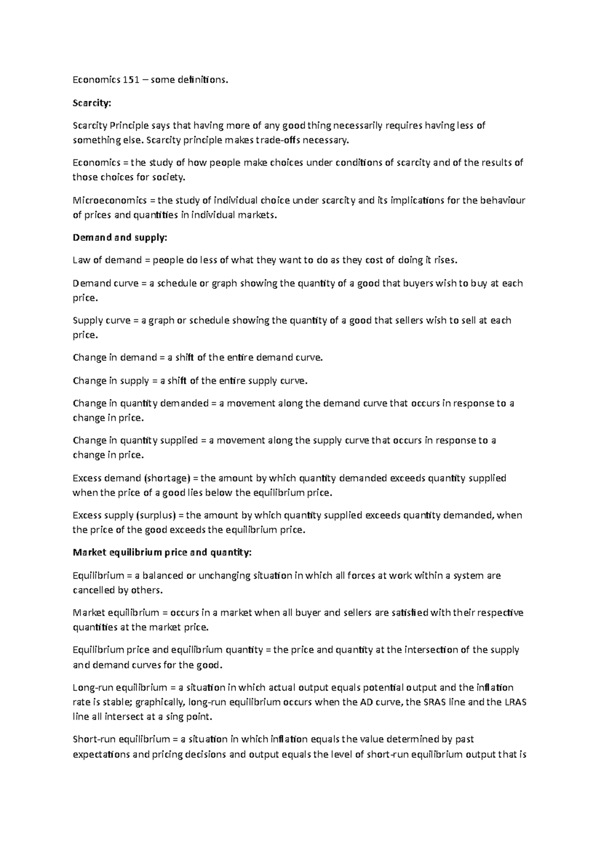 Economics 151 some definitions - Economics 151 – some definitions ...