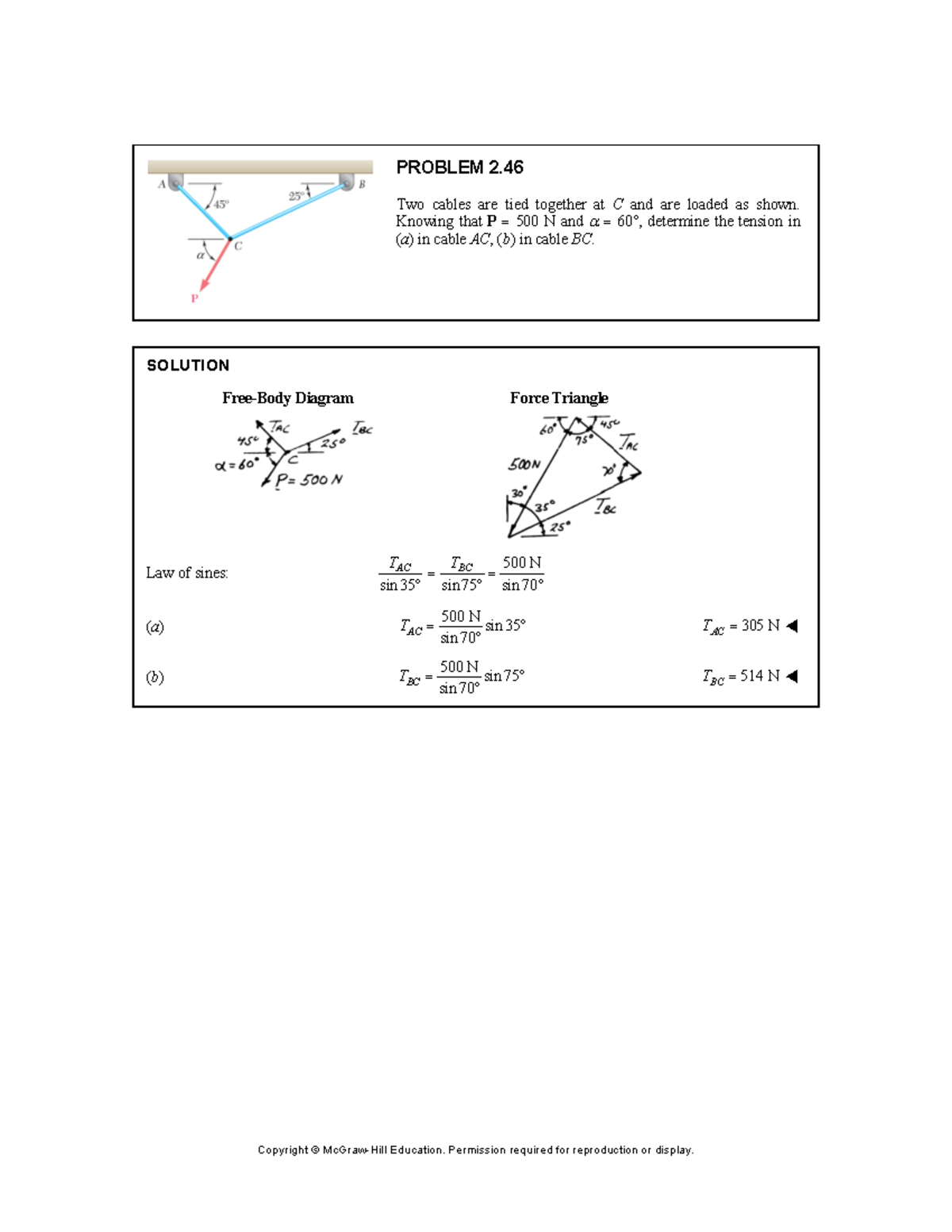 HW-3 Solution - SOLUT Law of s ( a ) ( b ) TION Free-Bod sines: dy Diagram PROB Two cab Knowing ...