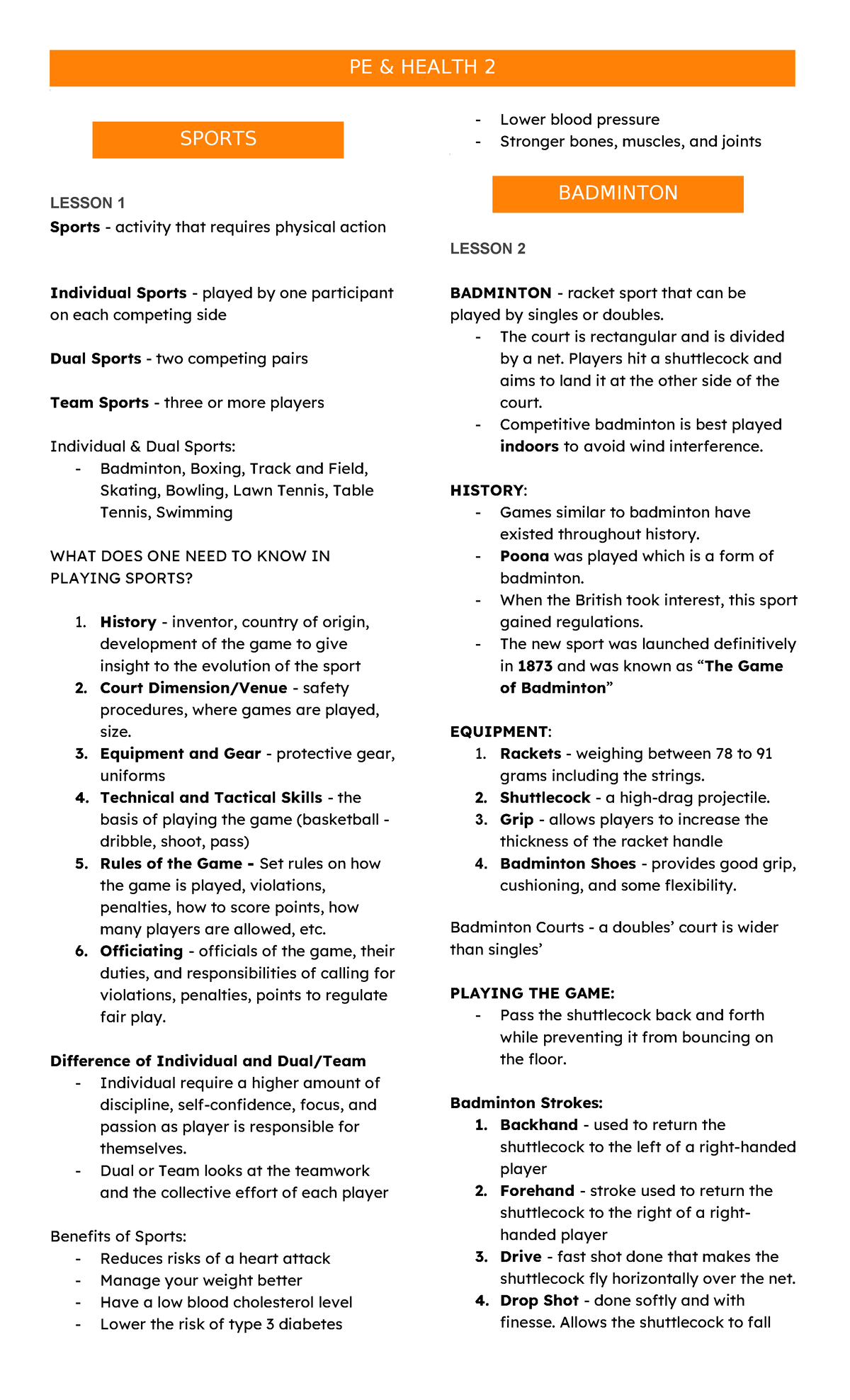 PE & Health Reviewer - N/A - BADMINTON SPORTS LESSON 1 Sports ...