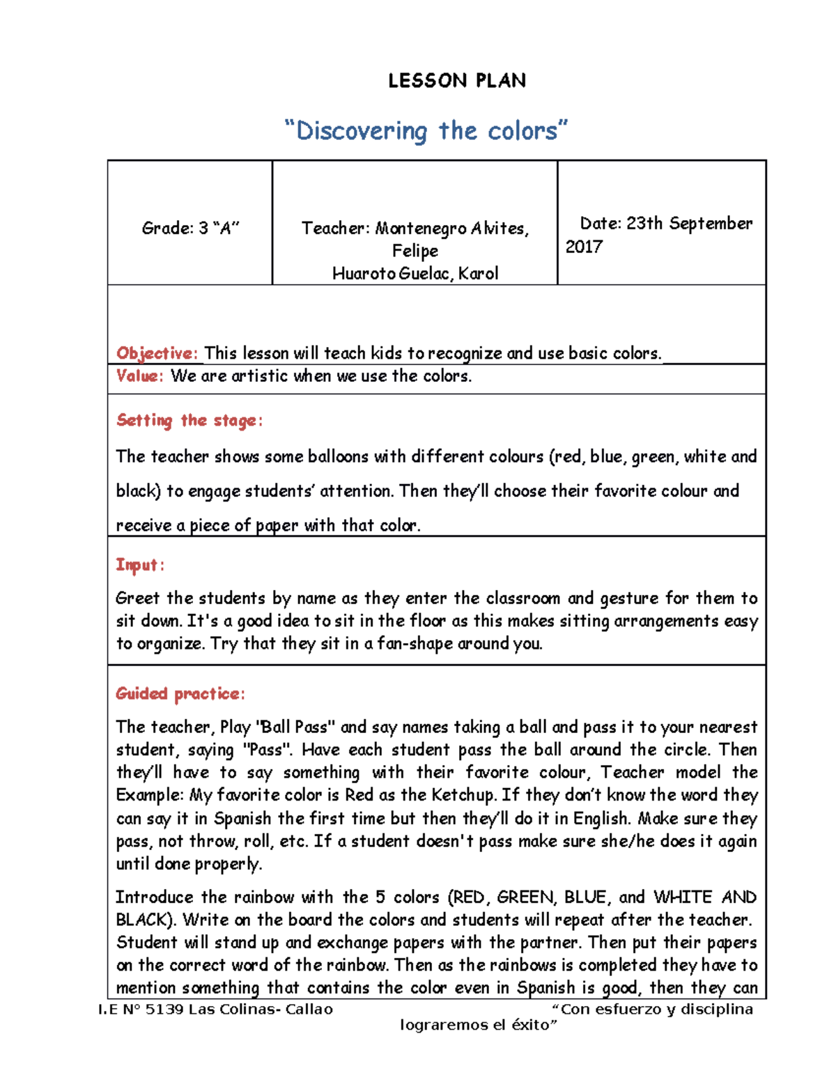 Colors-LP - Sesión de aprendizaje modelo - LESSON PLAN “Discovering the ...