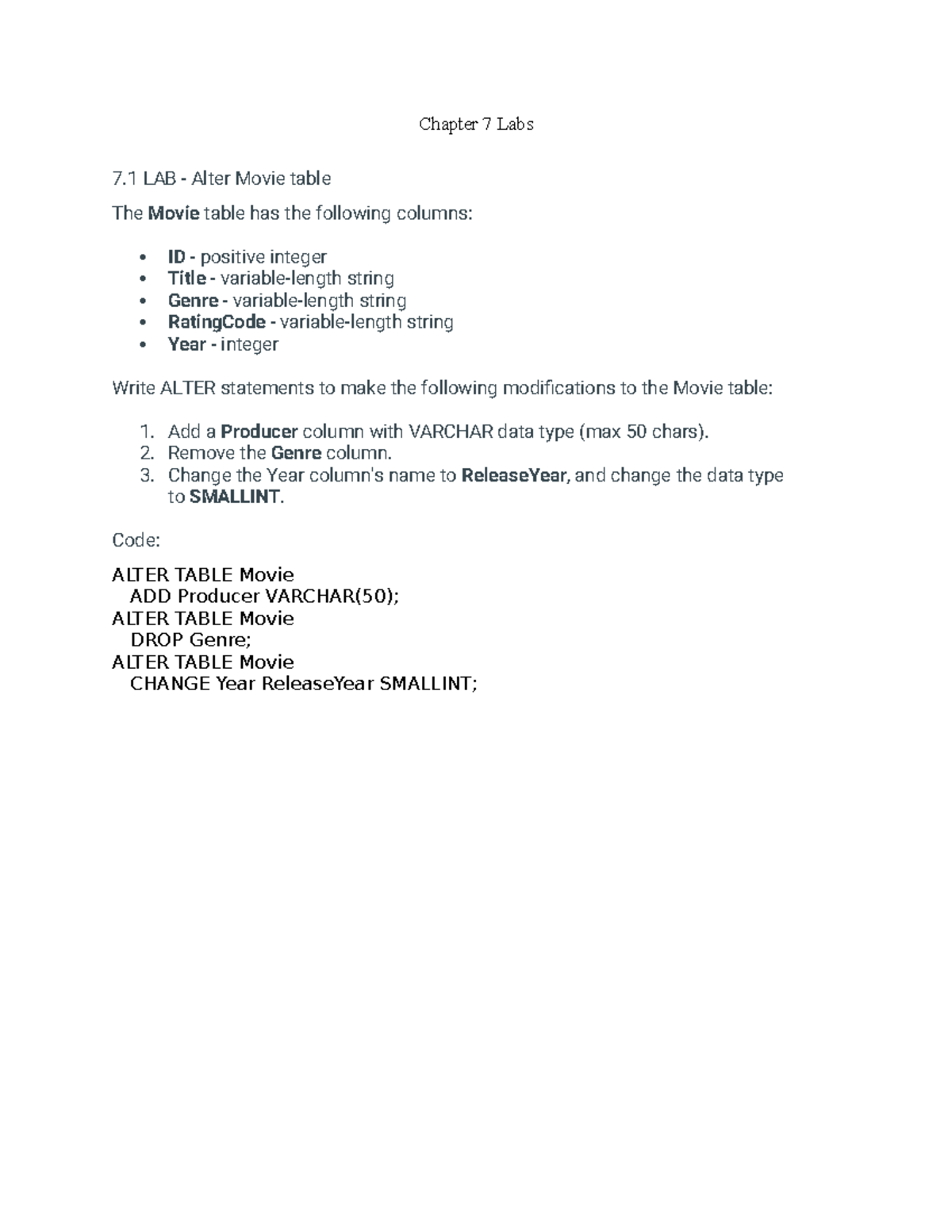 Chapters 7 8 Labs Cheat Sheet - Chapter 7 Labs 7 LAB - Alter Movie ...
