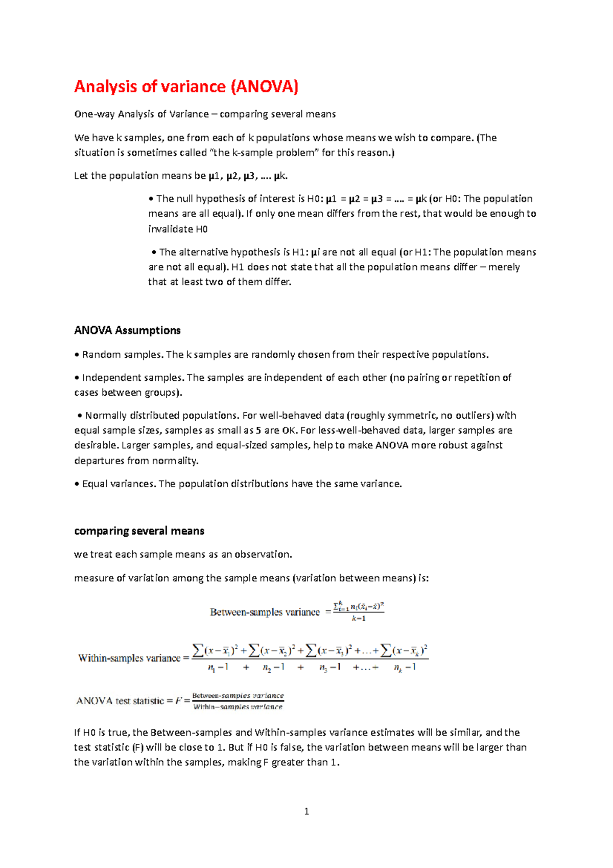 Chap 19 - nill - Analysis of variance (ANOVA) One-way Analysis of Variance – comparing several ...