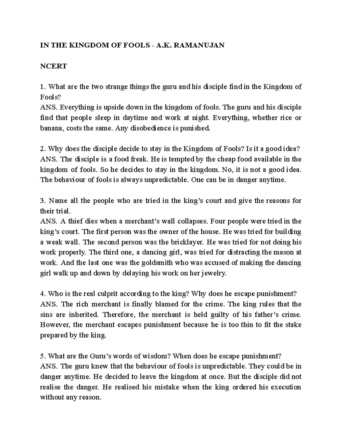 IN THE Kingdom OF Fools - IN THE KINGDOM OF FOOLS - A. RAMANUJAN NCERT ...