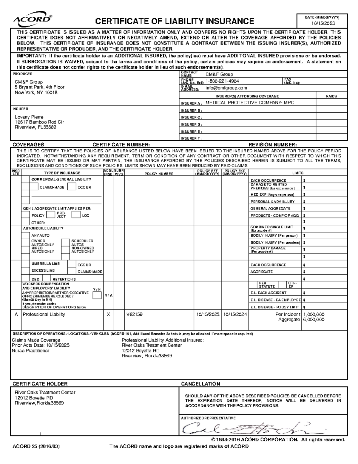Acord 25 Certificate of Insurance - Addl Ins River Oaks Treatment ...
