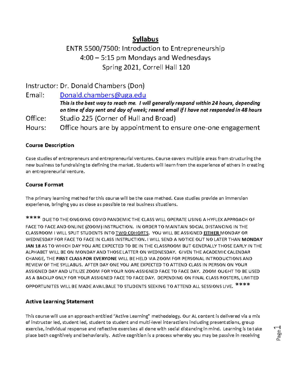 ENTR 5500 7500 Syllabus Chambers Spring 2021 Final - 1 Syllabus ENTR ...