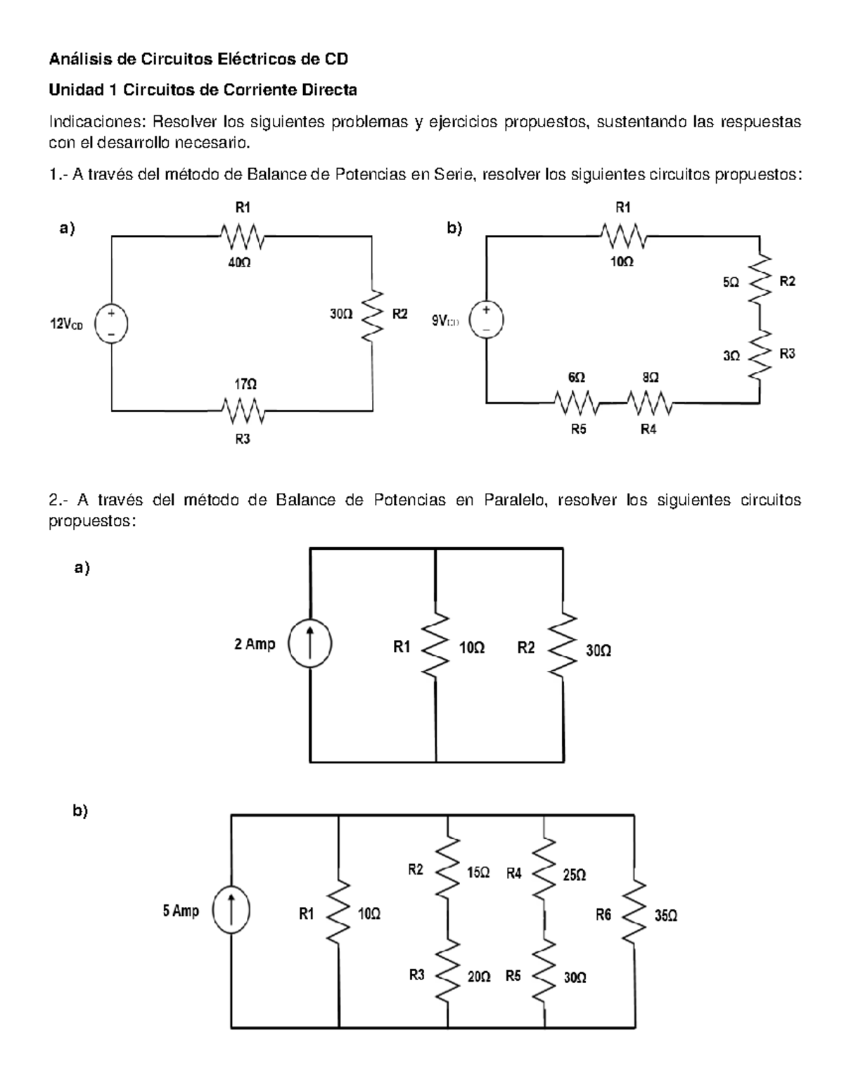 Problemario Circuitos de CD 040735 - Análisis de Circuitos Eléctricos de CD Unidad 1 Circuitos ...