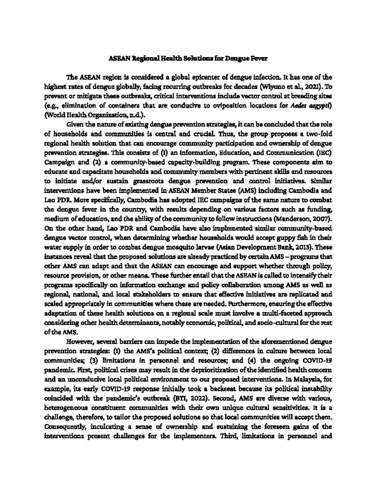 SEAS103i Essay on Asean Regional Health Solutions for Dengue ...