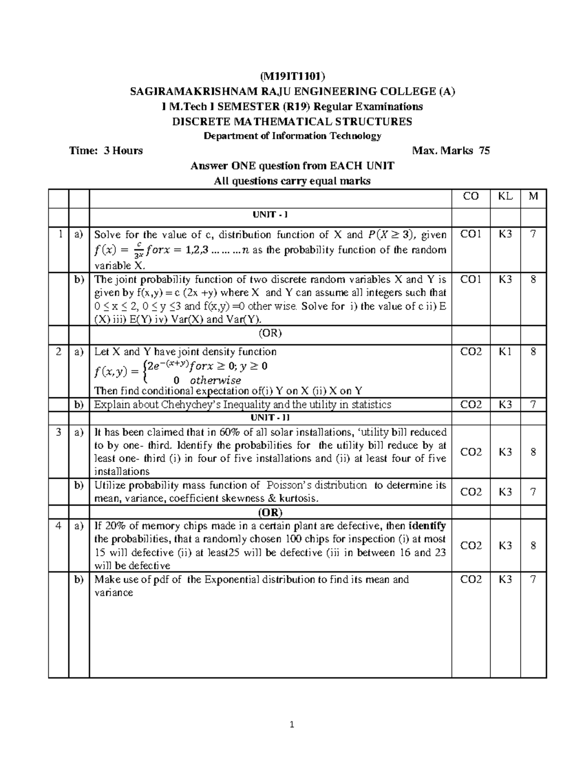 R19 Mtech IT Model PapersQUESTION PAPER - (M19IT1101) SAGIRAMAKRISHNAM ...