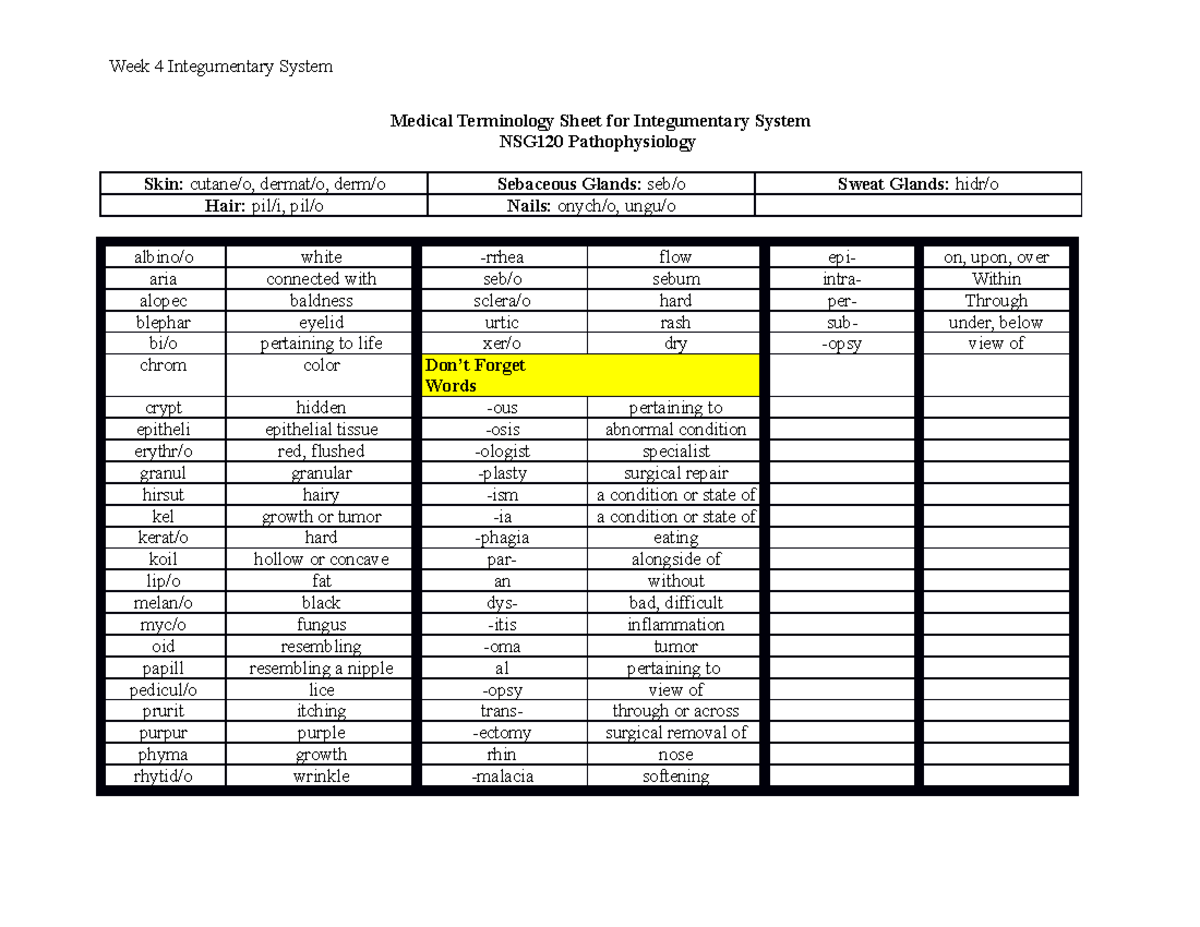 Module 4 Medical Terminology Sheet for Integumentary System 2022 ...