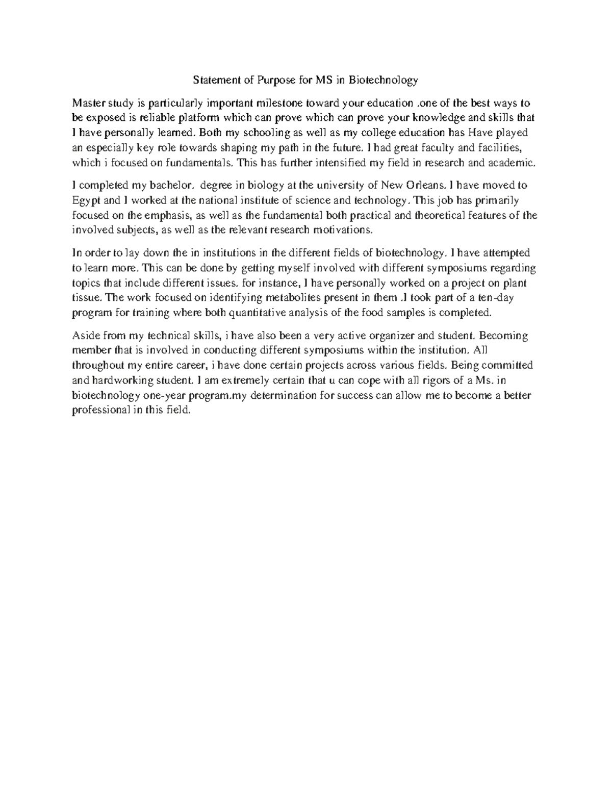 Document 6 - Statement of Purpose for MS in Biotechnology - Statement ...