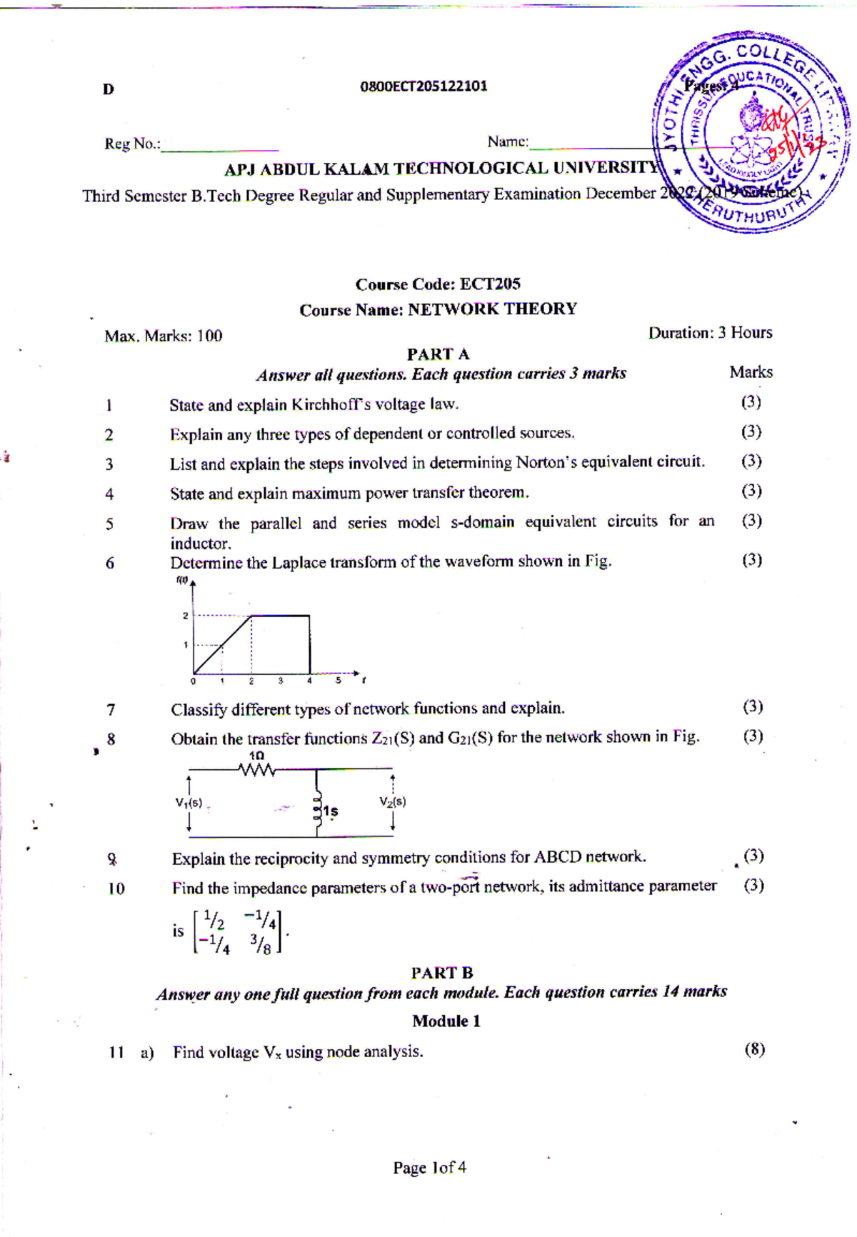 ECT205 Network Theory, December 2022 - Q:o_rr D RegNo.: APJ ABDUL KALAM TECHNOLOGICAL UNIVERS ...