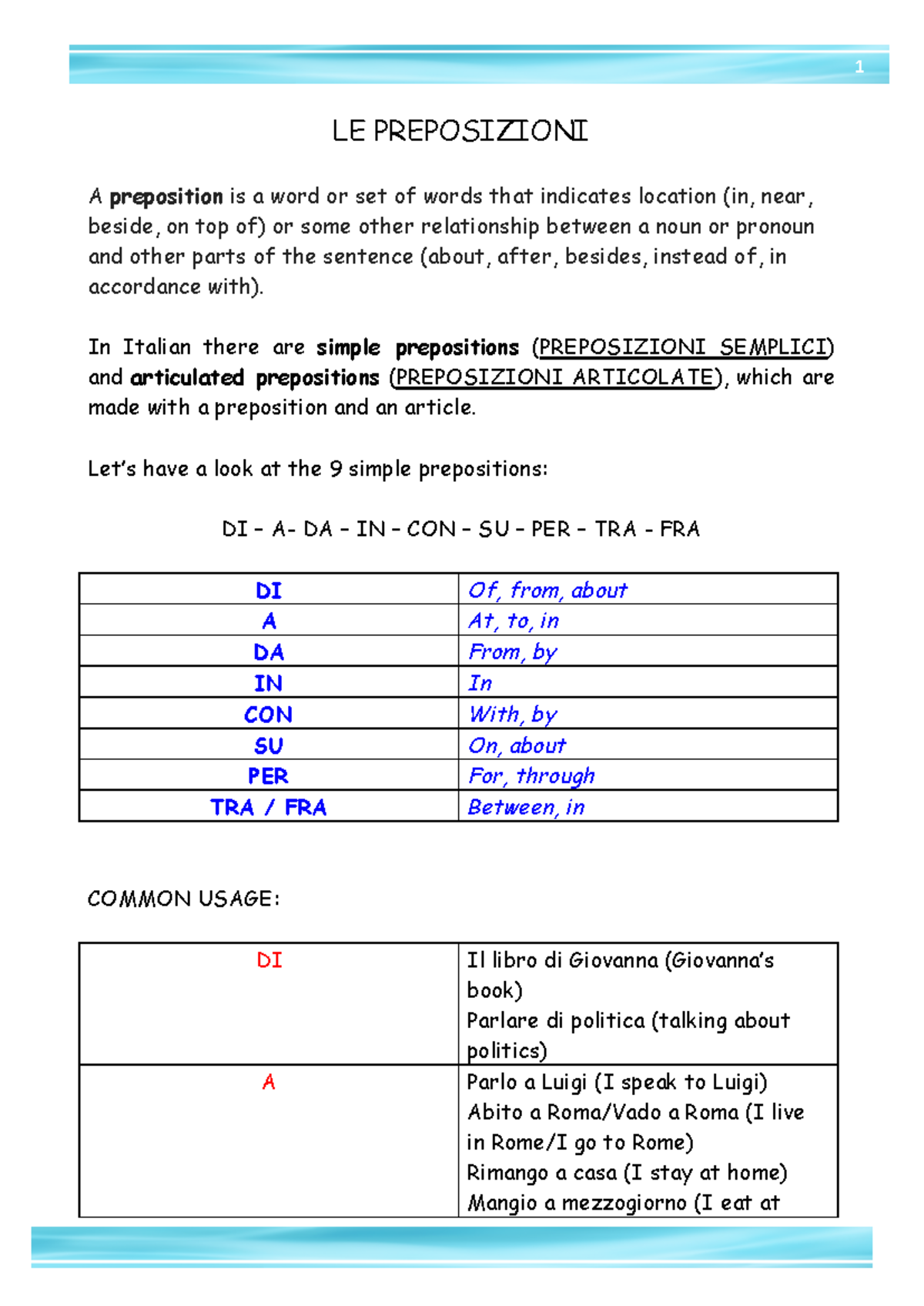 Cheat sheet Italian prepositions - 1 1 1 LE PREPOSIZIONI A preposition ...