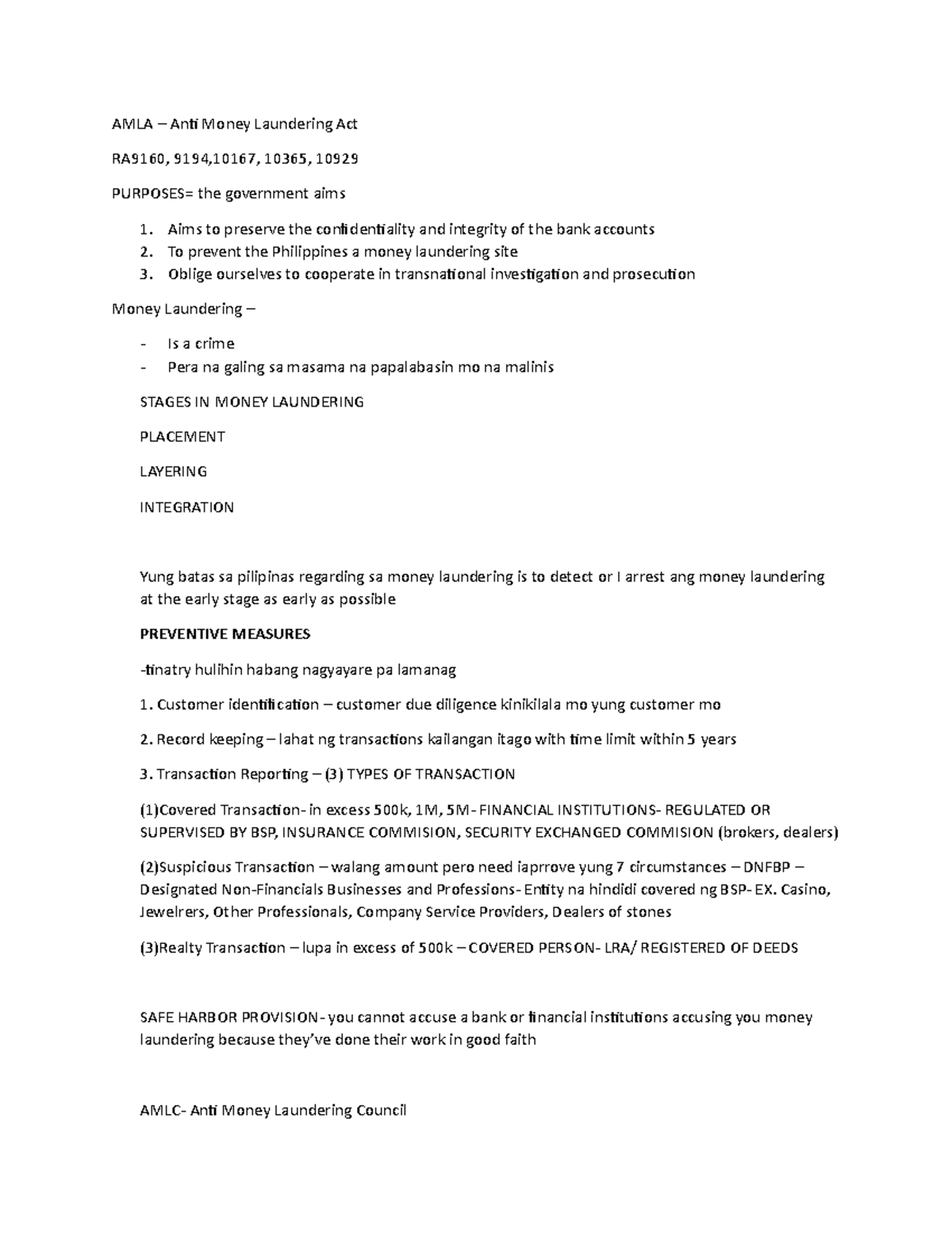 AMLA - NOTES - AMLA – Anti Money Laundering Act RA9160, 9194,10167 ...