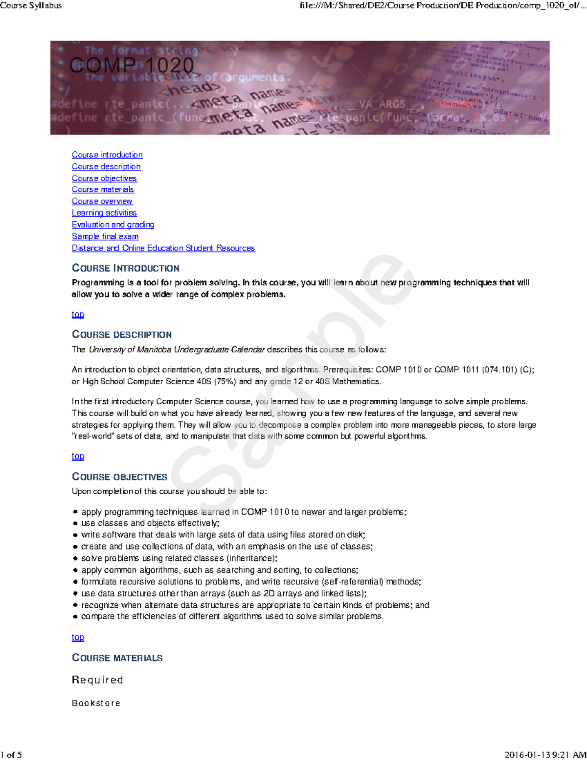 Comp1020 syllabus - Course introduction Course description Course objectives Course materials ...