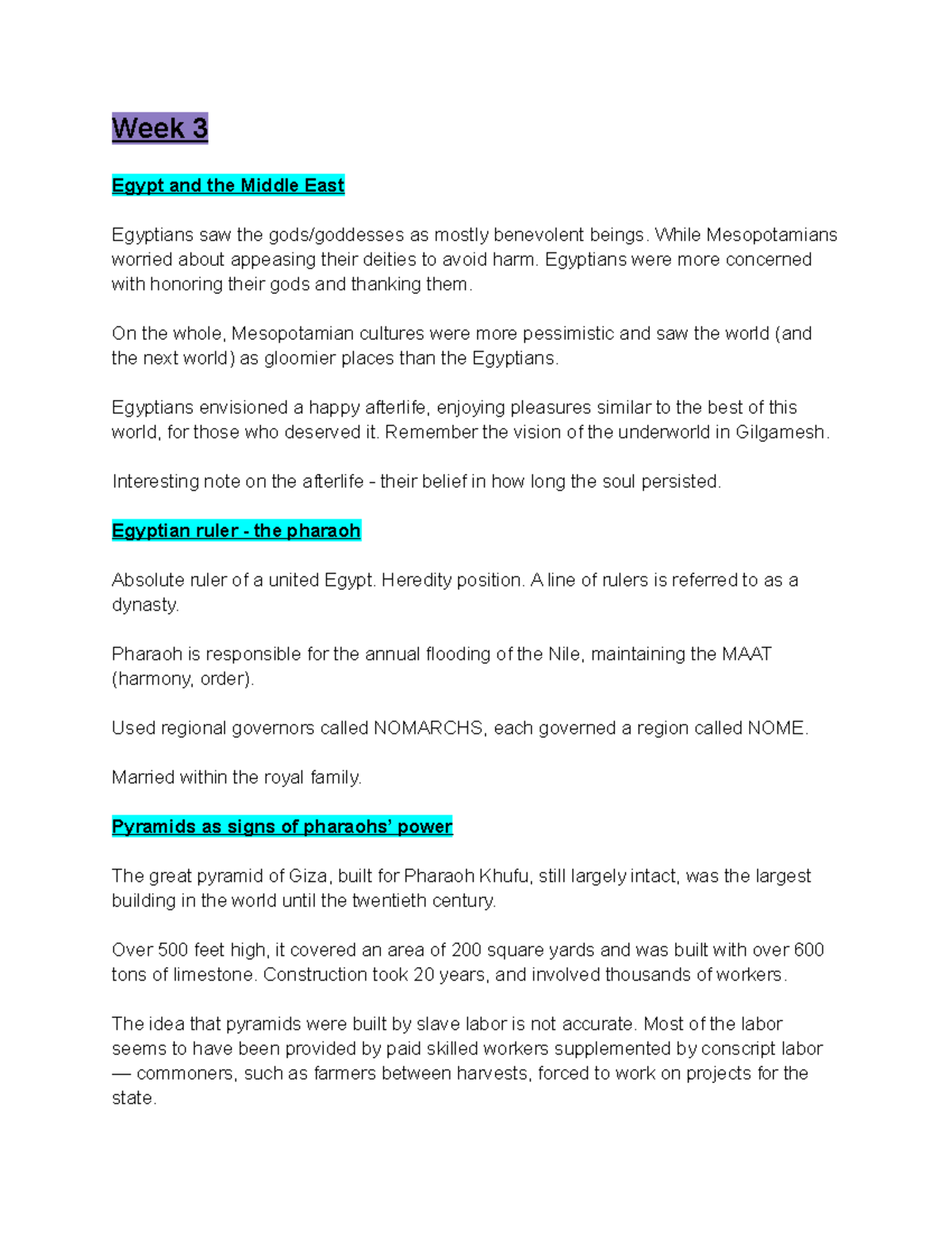 History 1 Notes - Week 3 and 4 - Week 3 Egypt and the Middle East ...