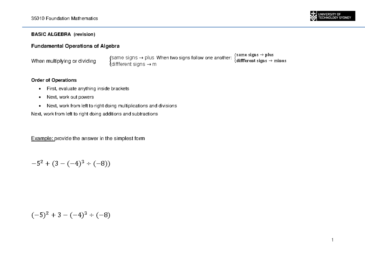 Algebra - skeleton notes - BASIC ALGEBRA (revision) Fundamental ...
