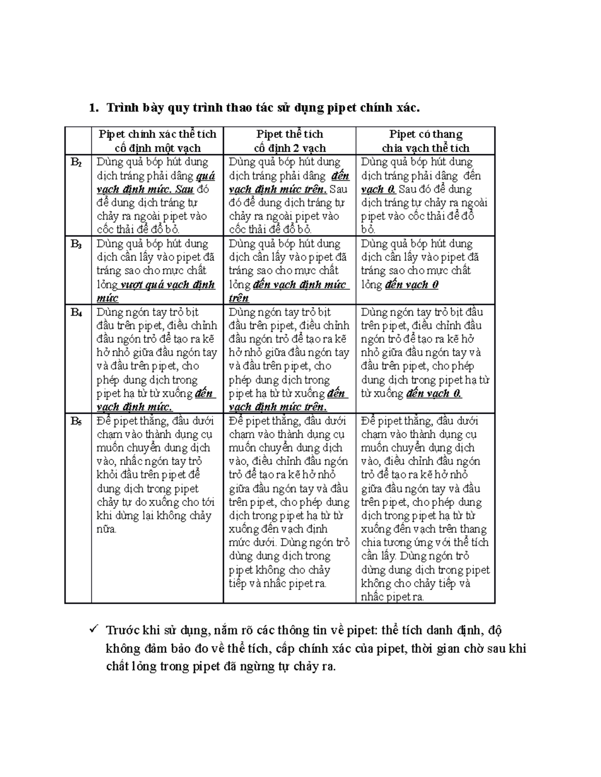 HÓA PHÂN TÍCH - hubt - 1. Trình bày quy trình thao tác sử dụng pipet ...