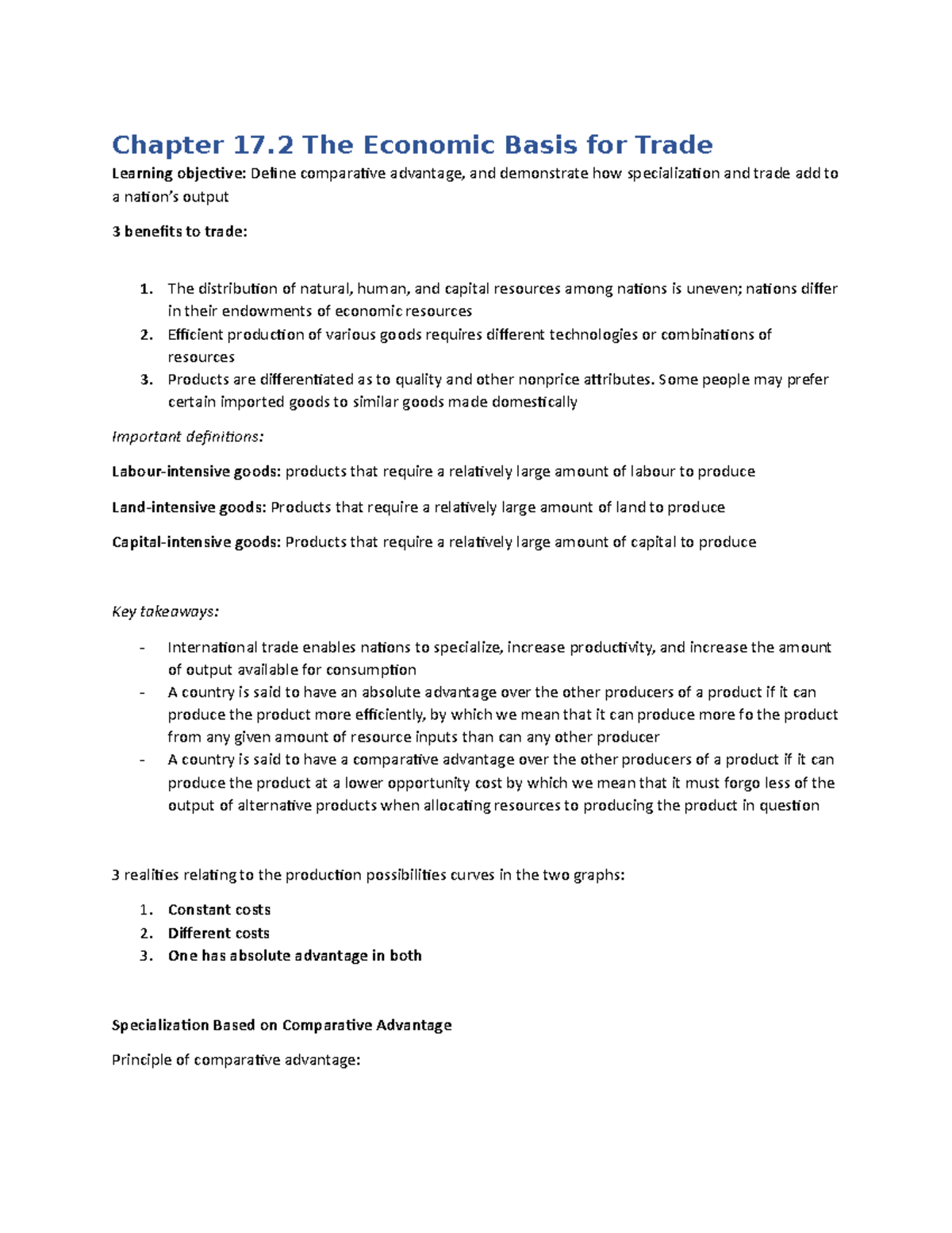 Chapters 17.2 and 18.3 notes - Chapter 17 The Economic Basis for Trade ...