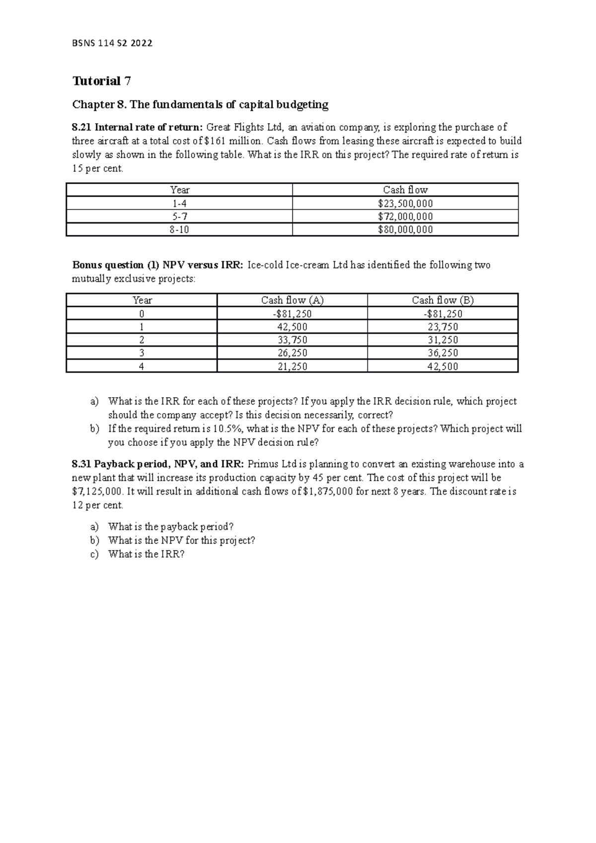 Tut 7 Question S2 2022(1) - BSNS 114 S2 2022 Tutorial 7 Chapter 8. The ...