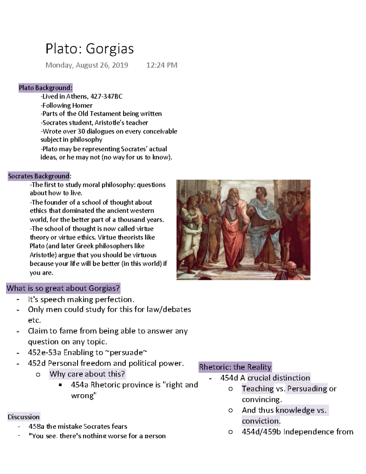 Plato: Gorgias Lecture Notes with Highlighted Important Test ...